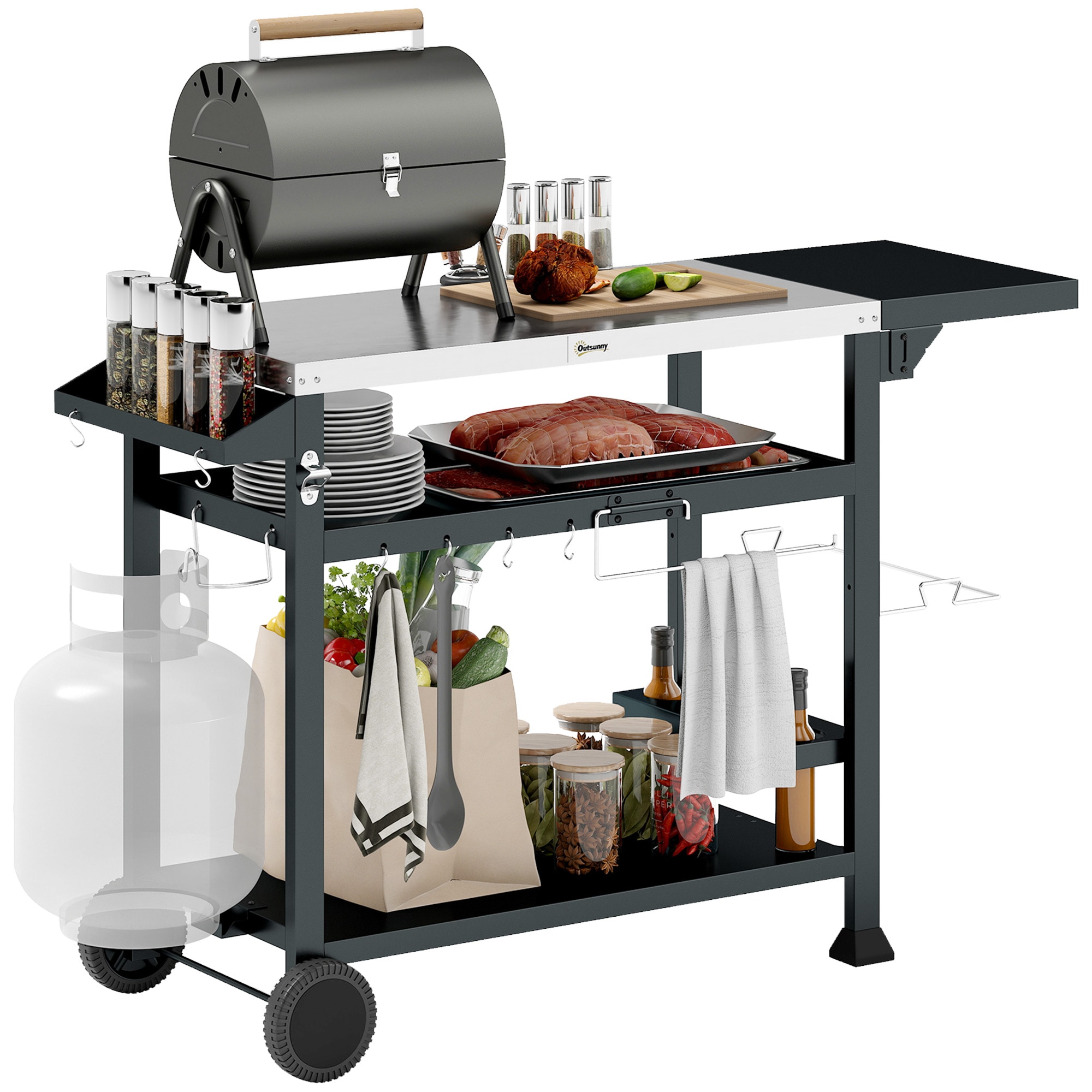 Outsunny Three-Shelf Outdoor Grill Cart with Foldable Side Table 46inch ...