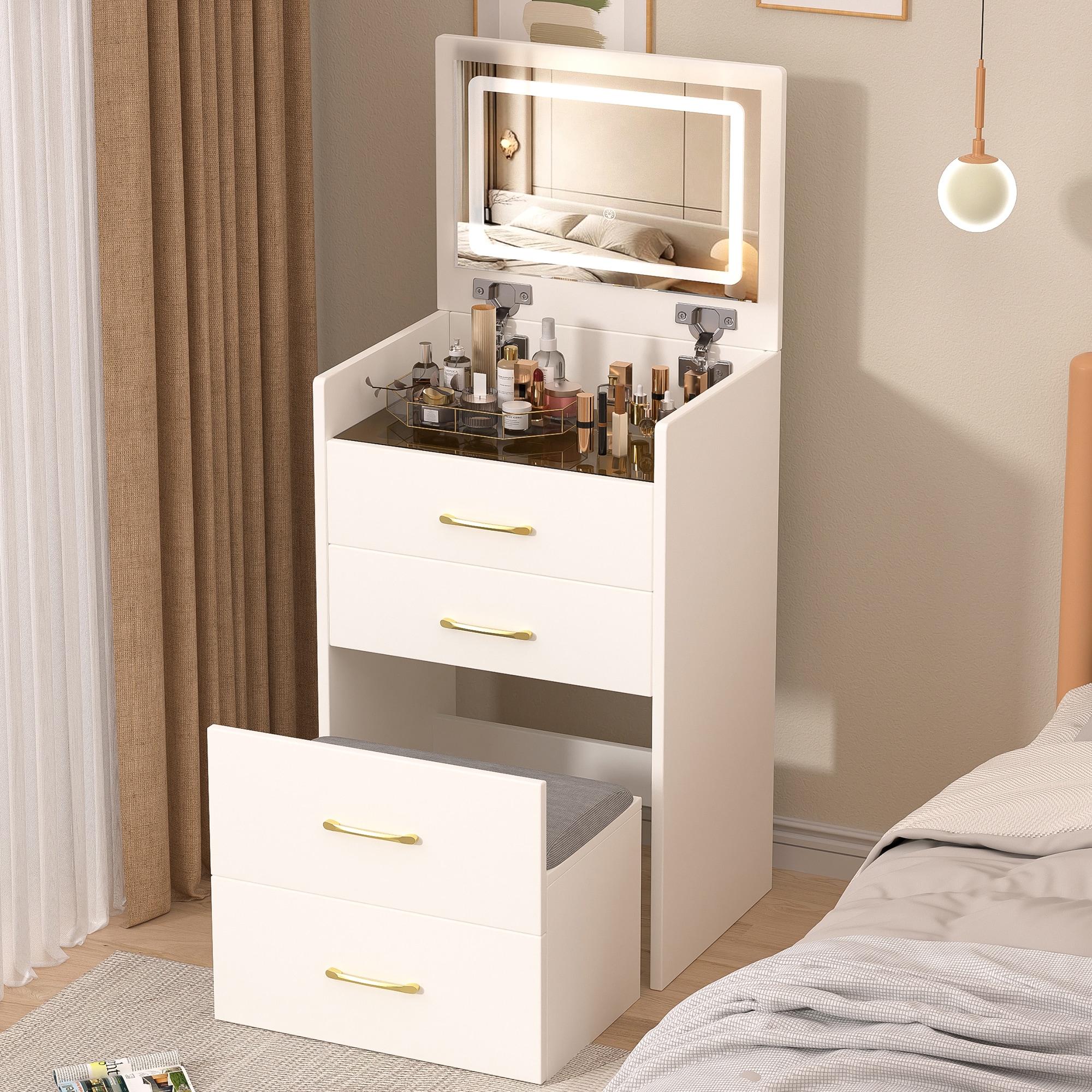 LOVMOR 3 in 1 Vanity Desk with open Top Mirror Small Make Up Vanity Set ...