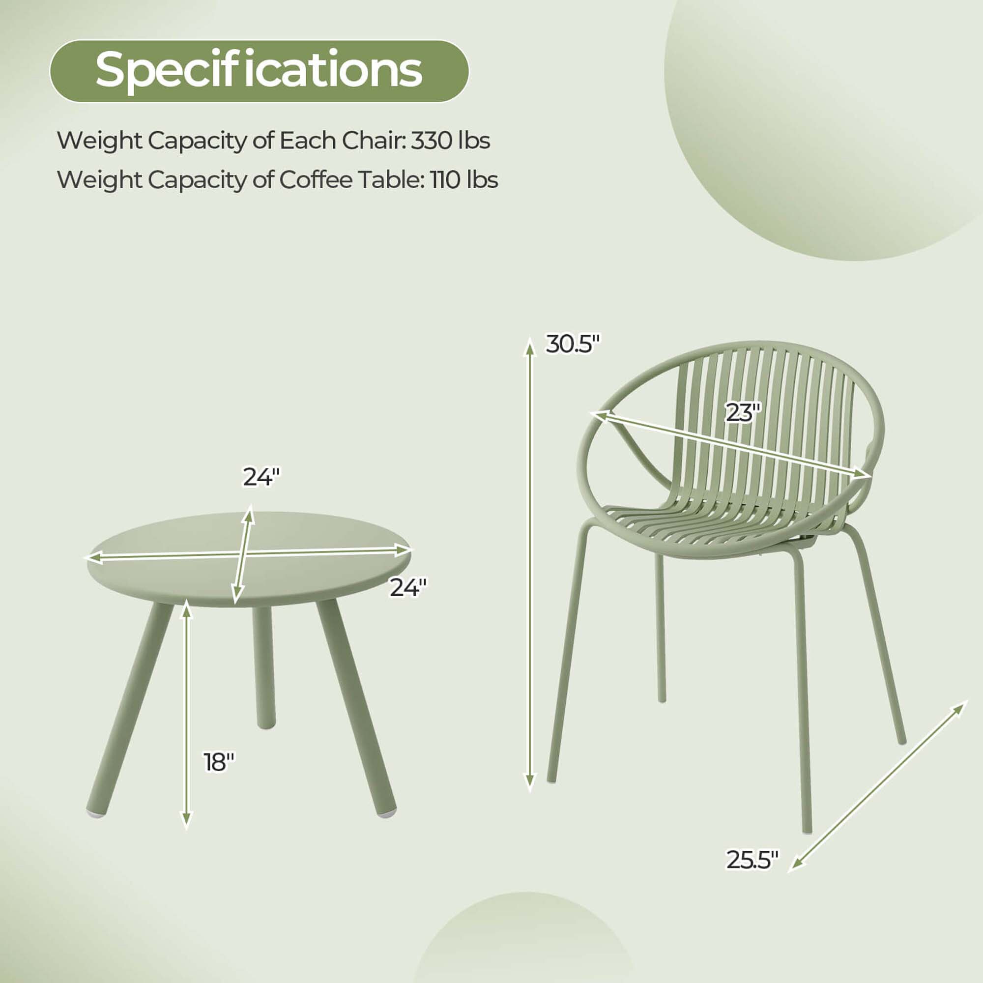 Costway 3 -Piece Green Bistro Patio Dining Set Plastic Round Table with ...
