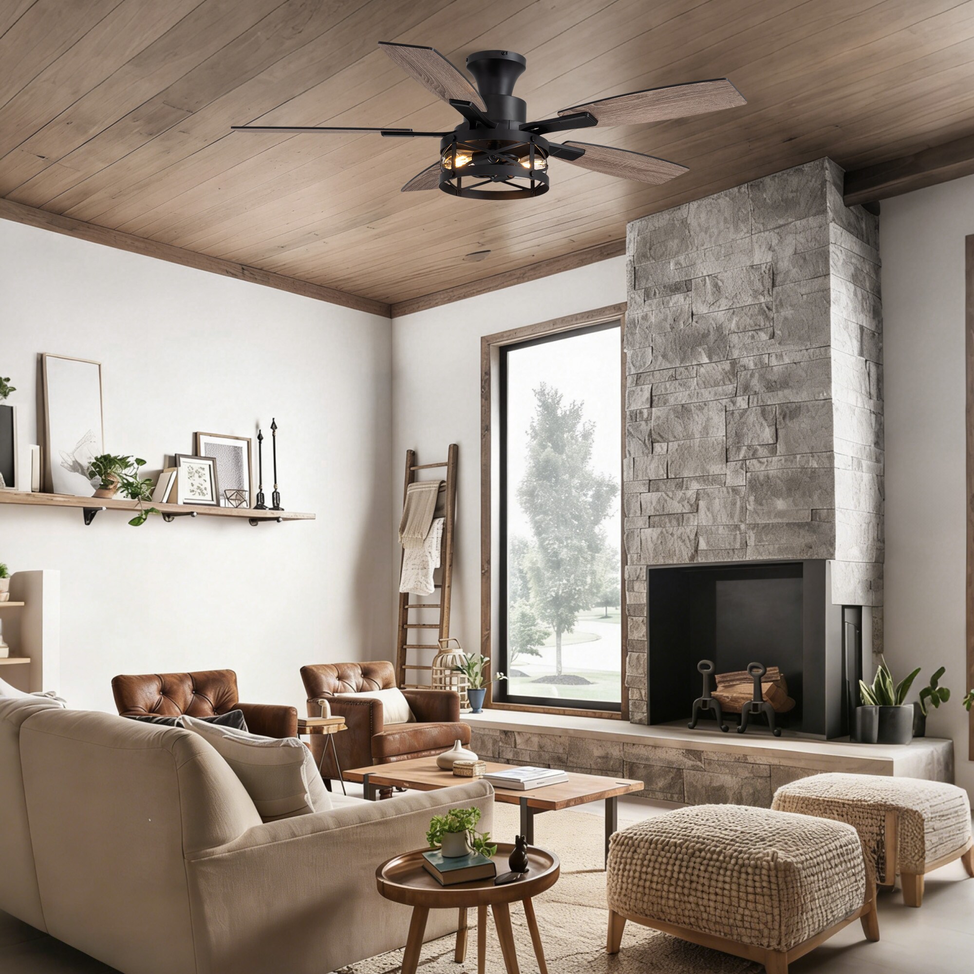 FANNEHONNE 52-In Farmhouse Matte Black Flush Mount Ceiling Fan with ...
