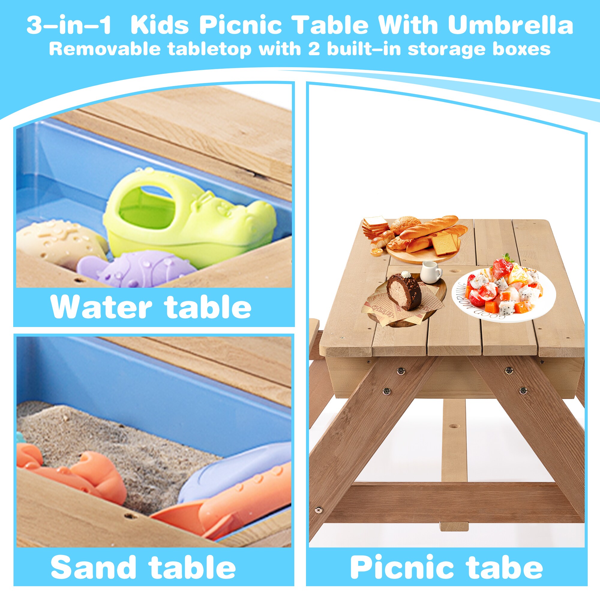 Blisstyle 3 in 1 Kids Outdoor Wooden Picnic Table with Umbrella ...