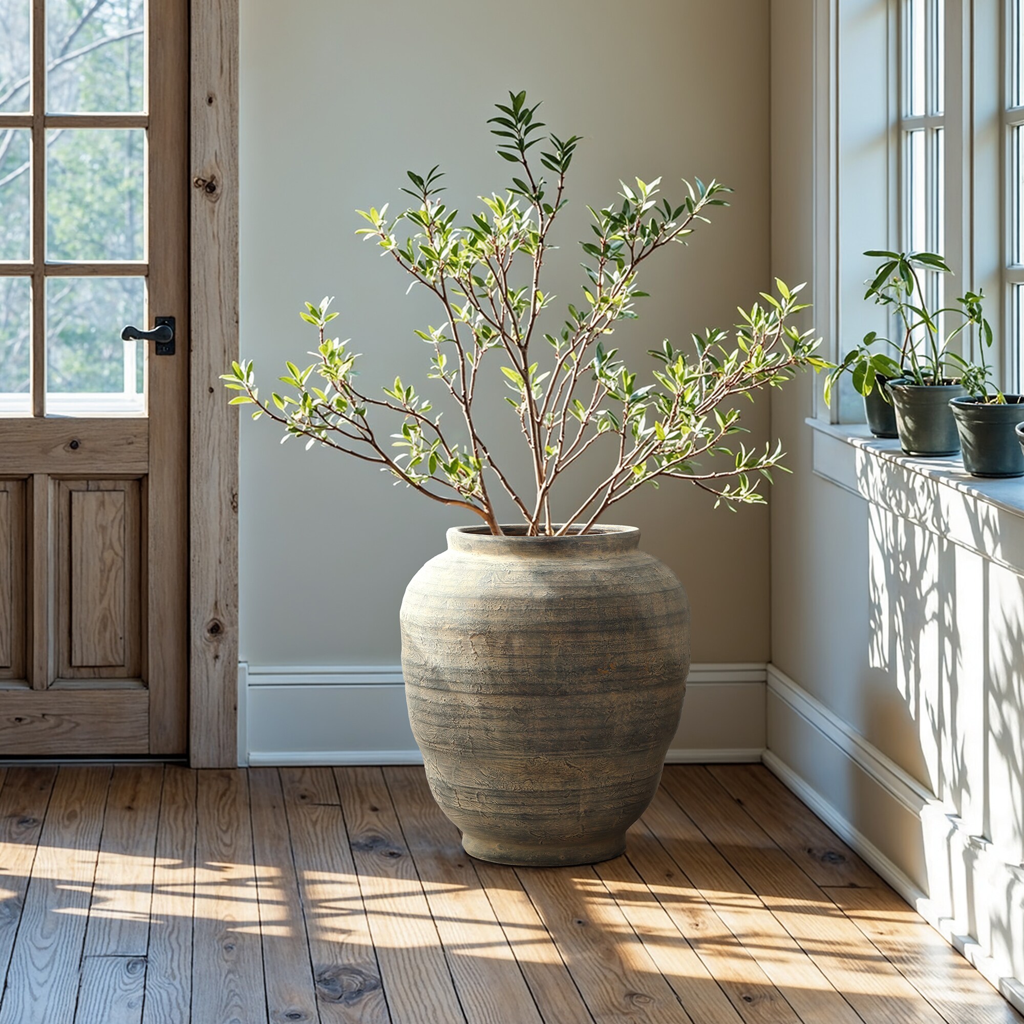 LuxenHome Vintage Pottery Brown 17.32-Inch Tall Round Ceramic Vase in ...