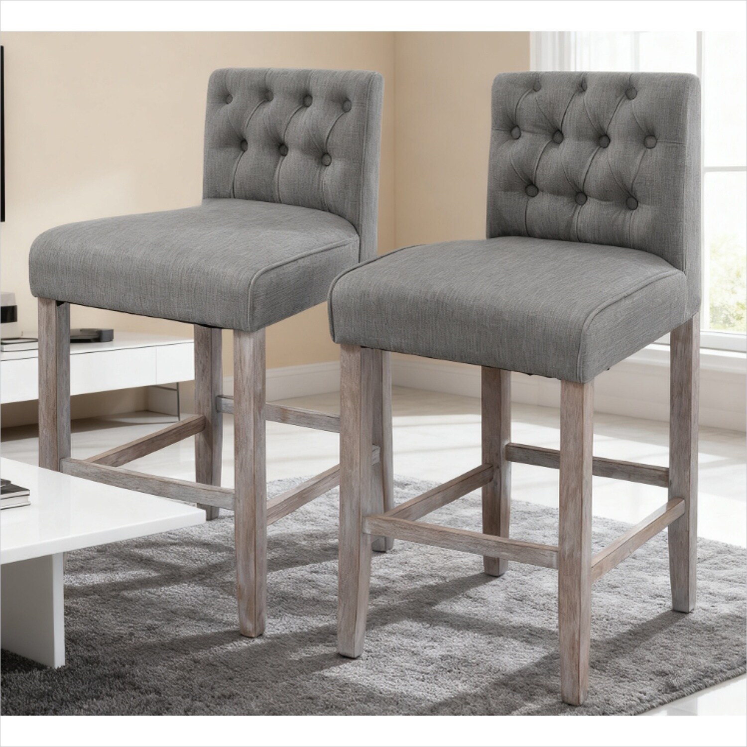 Watnature Set of 2 Cool Gray Linen-Feel Upholstered Counter Height Bar ...