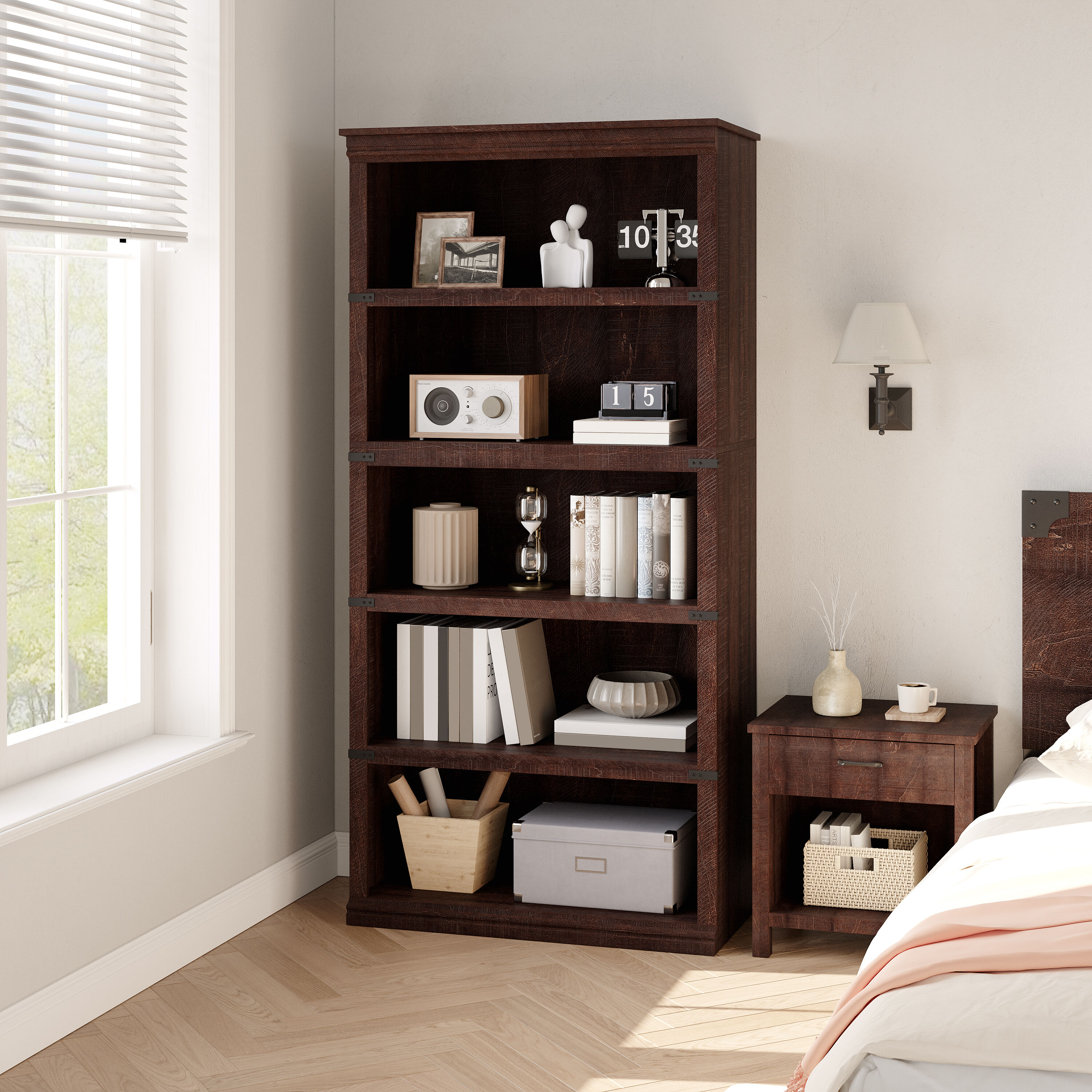 IdealHouse Brownish Red 31 5 Inch Wide Modern 5 Shelf Freestanding ...