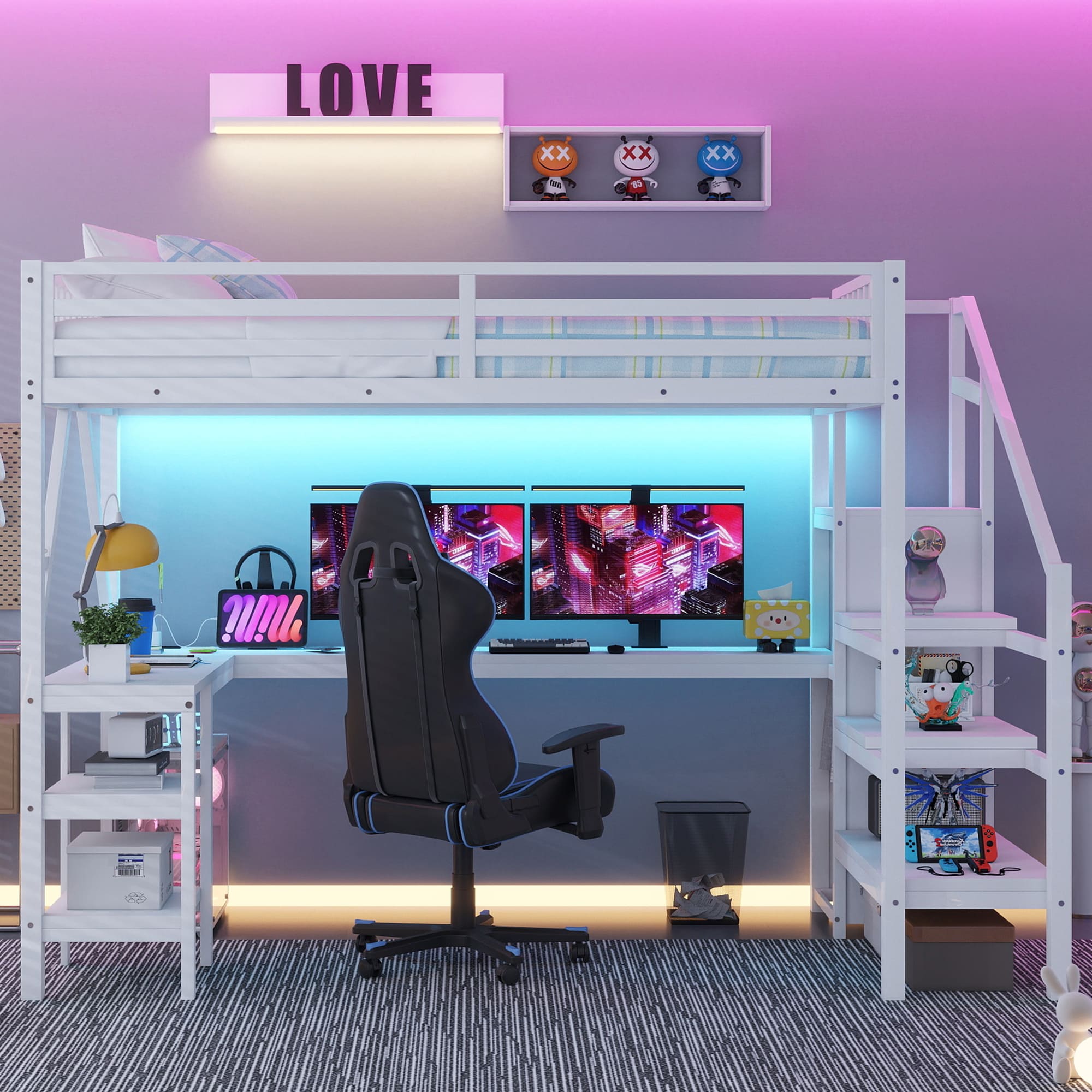 Vynxaria White Metal Frame Full Platform Bed with Wardrobe L Shaped ...