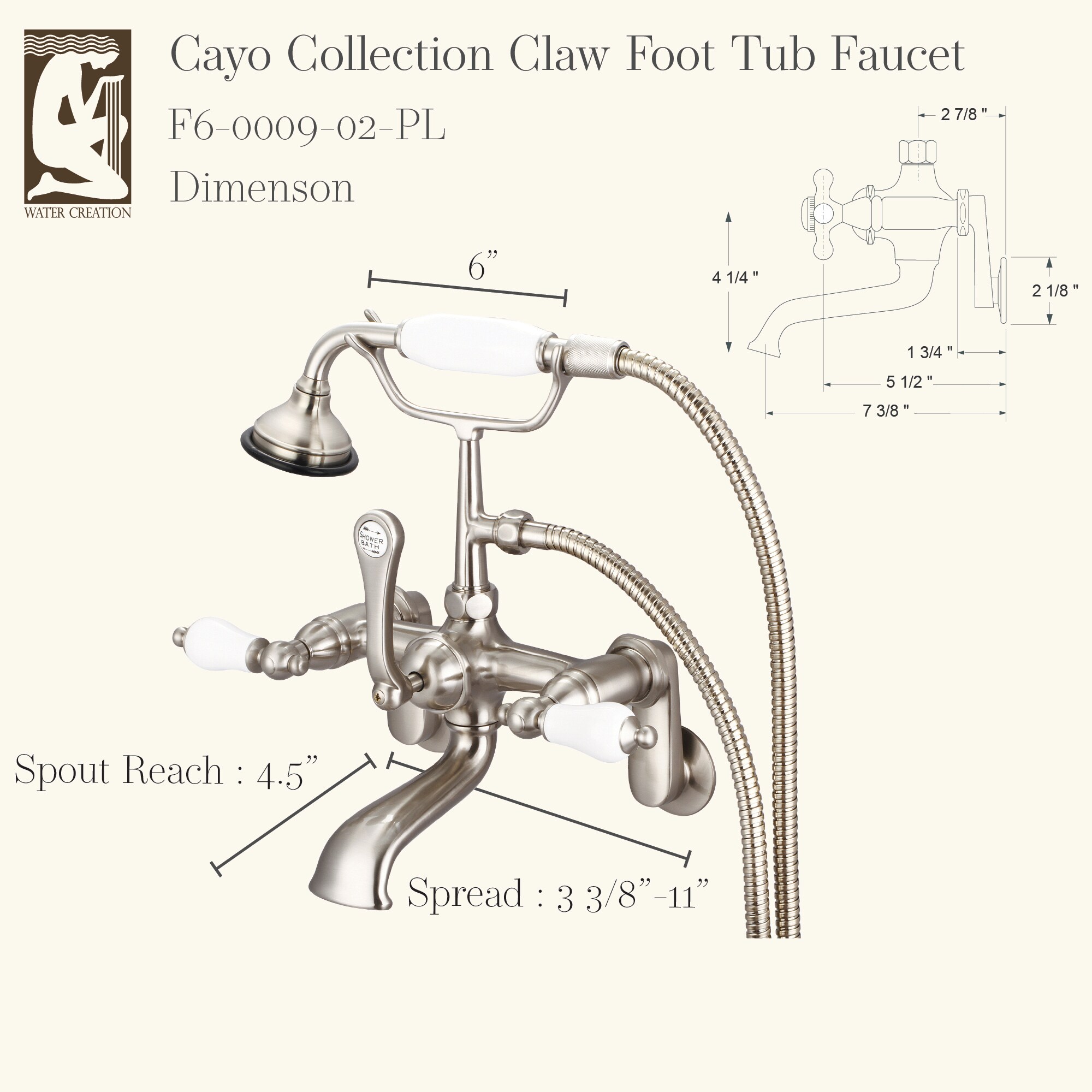 Water Creation F6 Brushed Nickel 3-handle Wall-mount Waterfall Bathtub ...