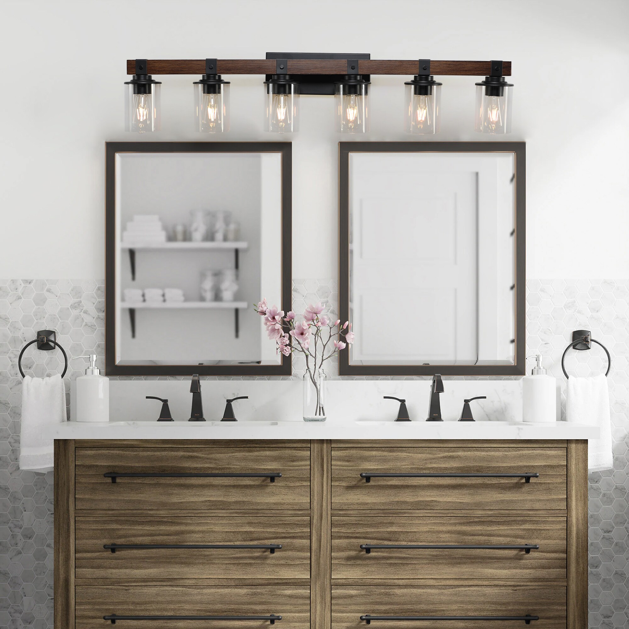 LOVMOR 42 inch Rustic 6 Light Vanity Light Glass Shades Wood Accent No ...