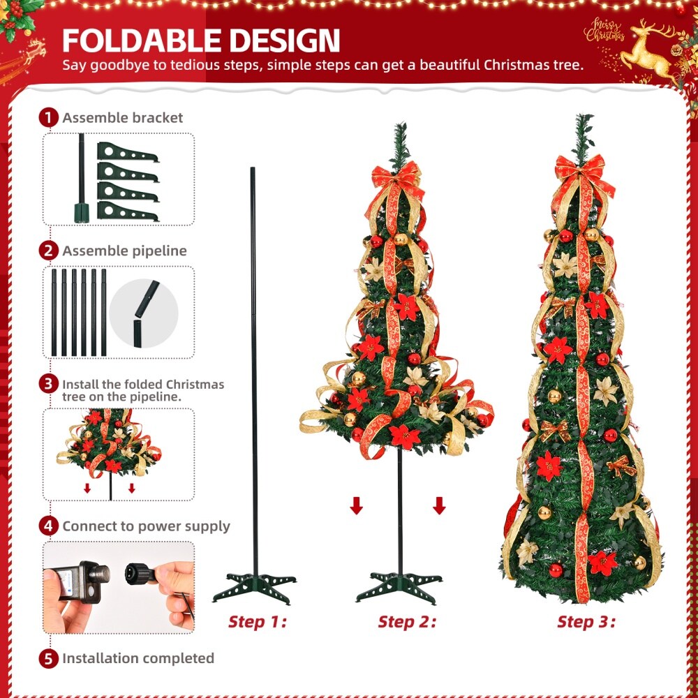 Upsimples 6FT PreLit PopUp Christmas Tree Fully Decorated 150 Warm ...