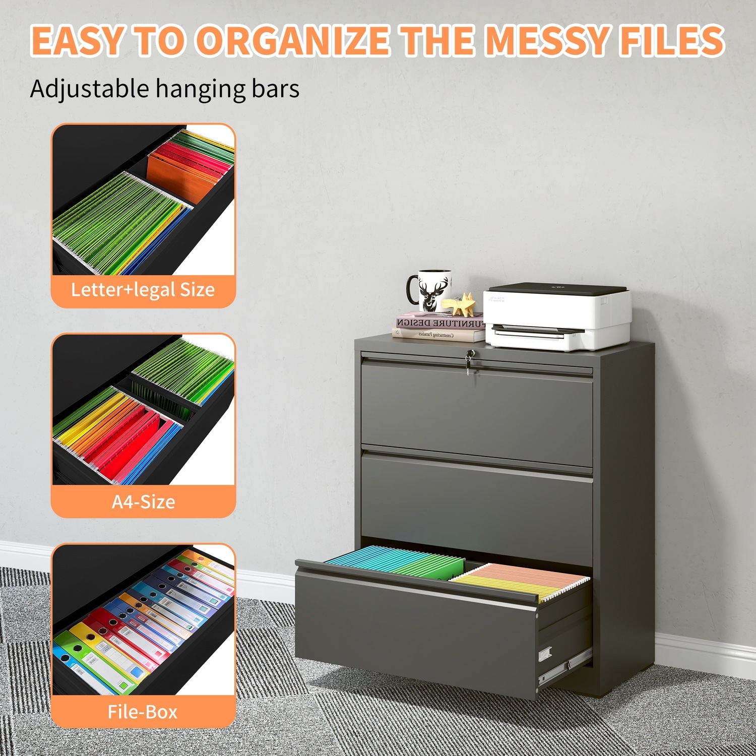 Boyel Living Lateral File Cabinet 3 Drawer Black Filing Cabinet with ...