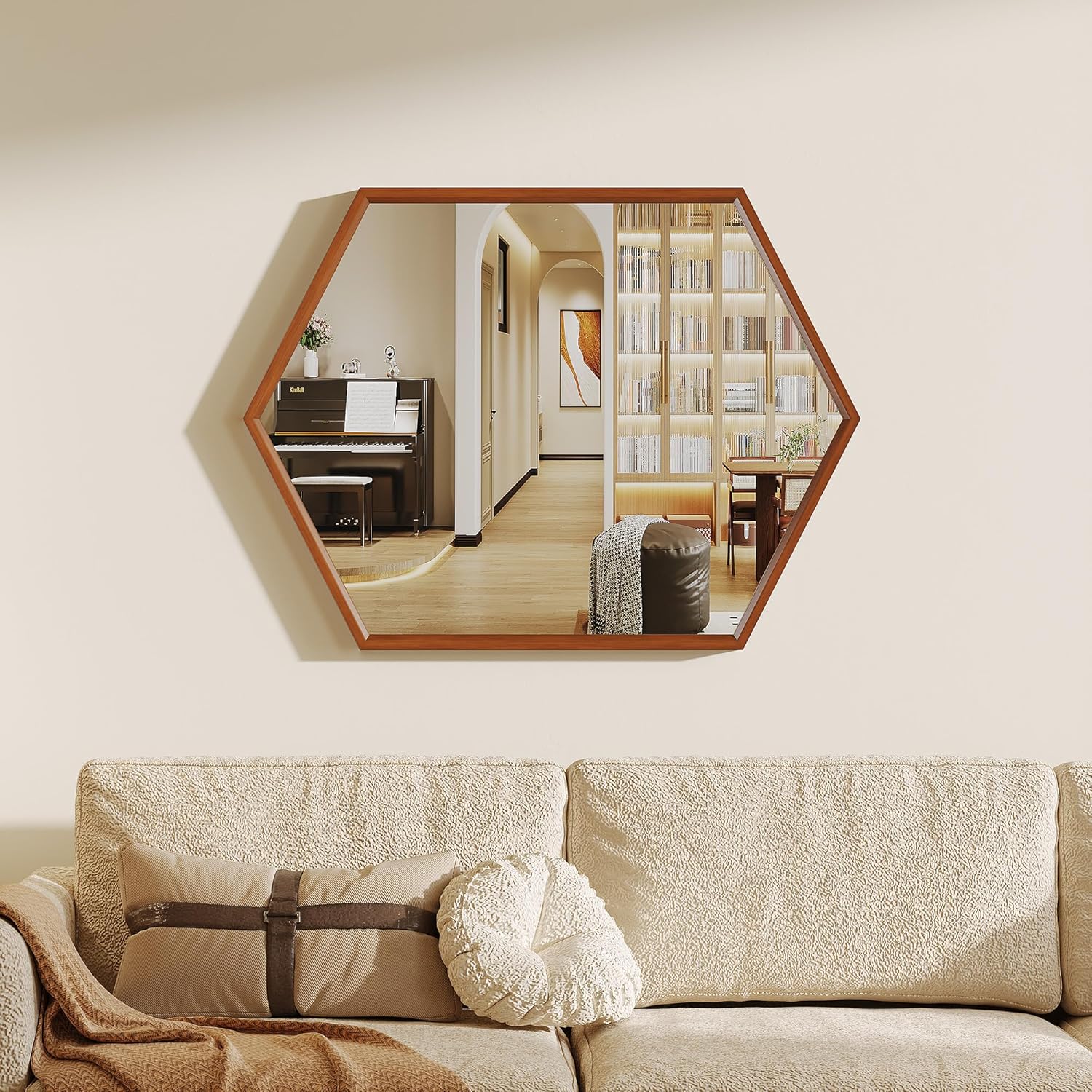 Vlsrka Hexagon Wall Mirror 32 x 24 Inch Solid Wood Frame Hanging ...