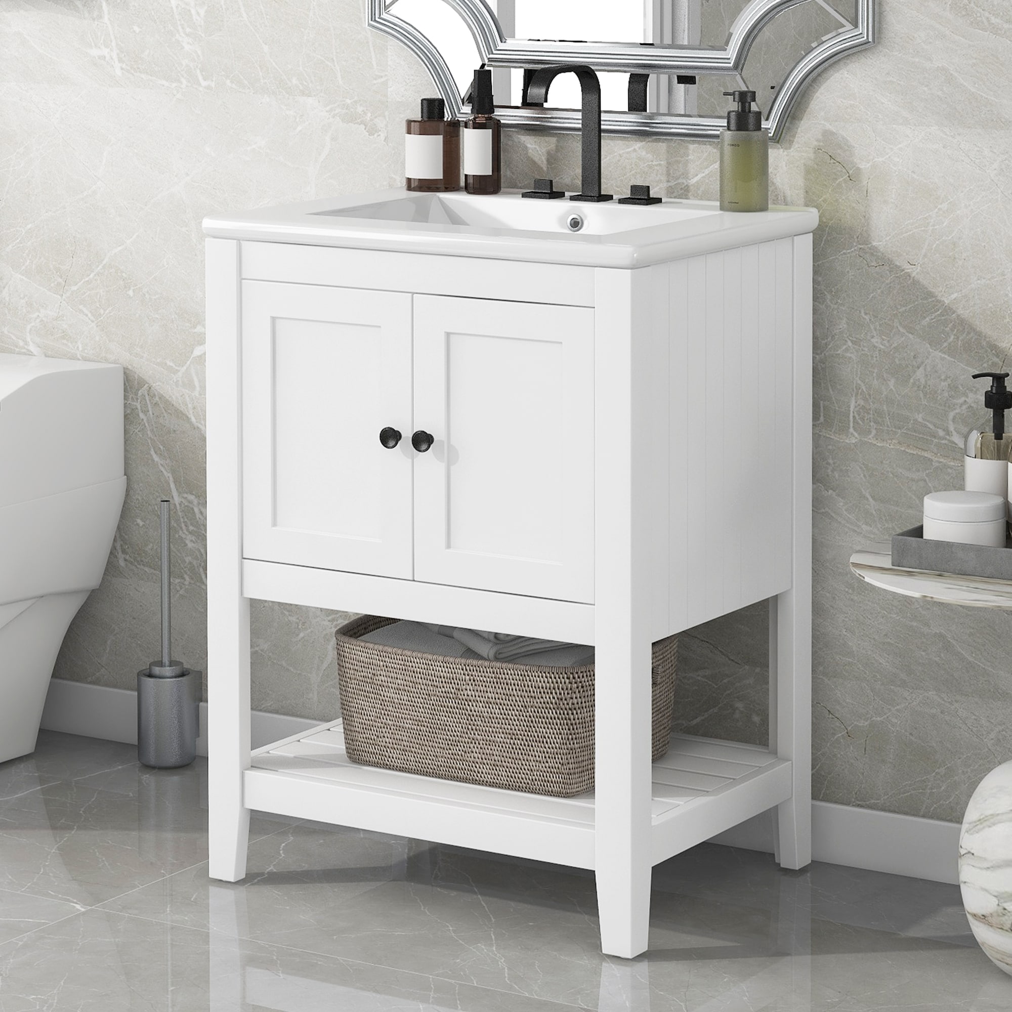 JUSHUA VIDEO 24 Inches White Modern Sleek Bathroom Vanity Elegant ...