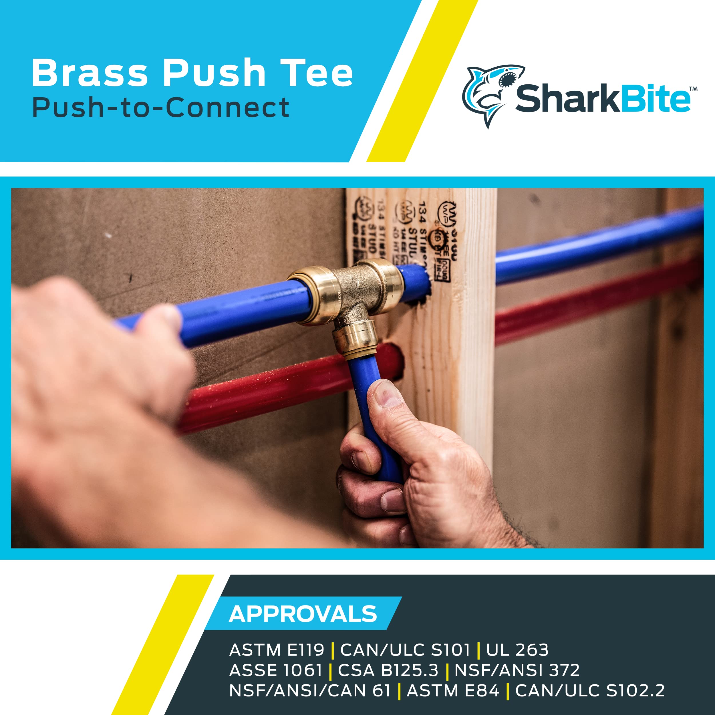 SharkBite 34 in Brass PushtoConnect Tee for PEX Copper CPVC PERT HDPE ...