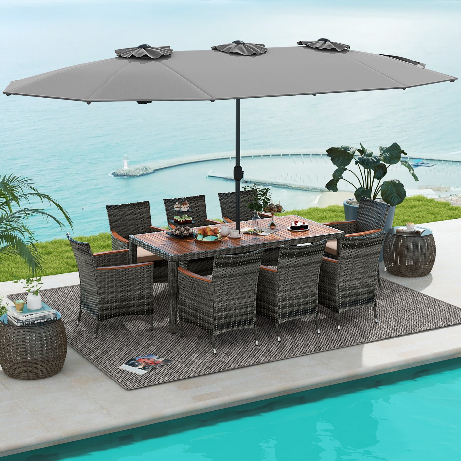 11 -Piece Mix Brown Rattan Patio Dining Set Wood Rectangle Table with 8 ...