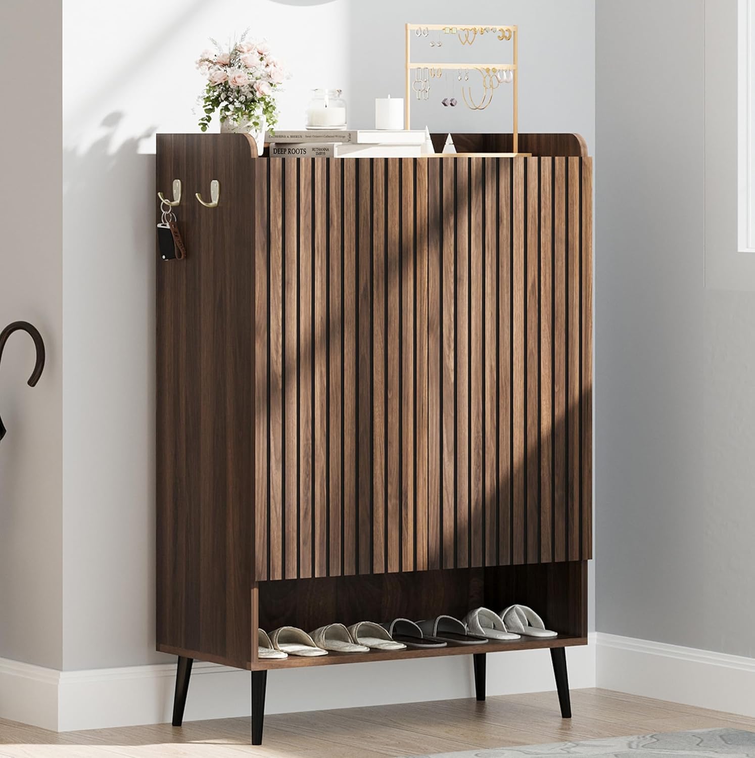 IdealHouse Nut Brown Large Shoe Cabinet With Doors Adjustable Shelves ...