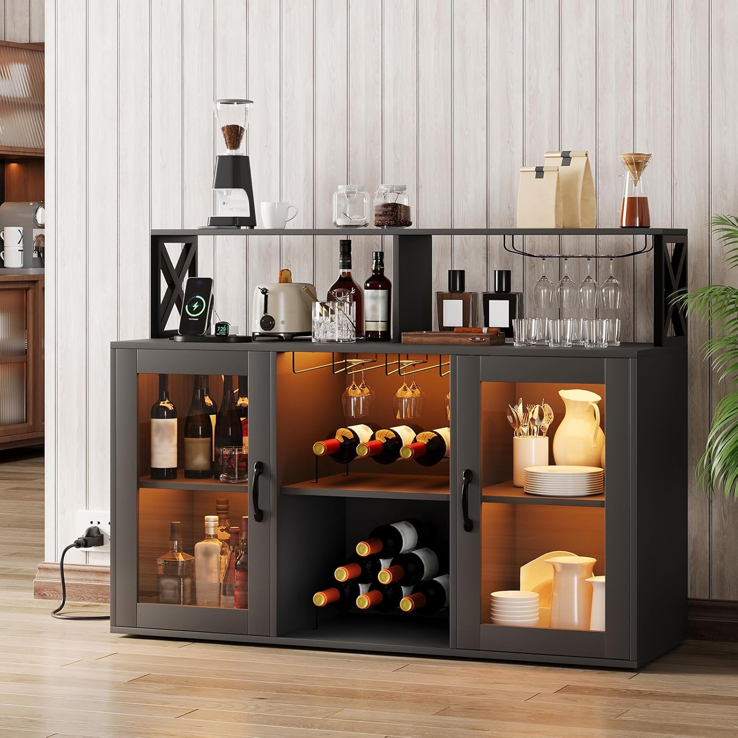 IdealHouse Bar Cabinet for Home Liquor Cabinet with Power Outlets Led ...