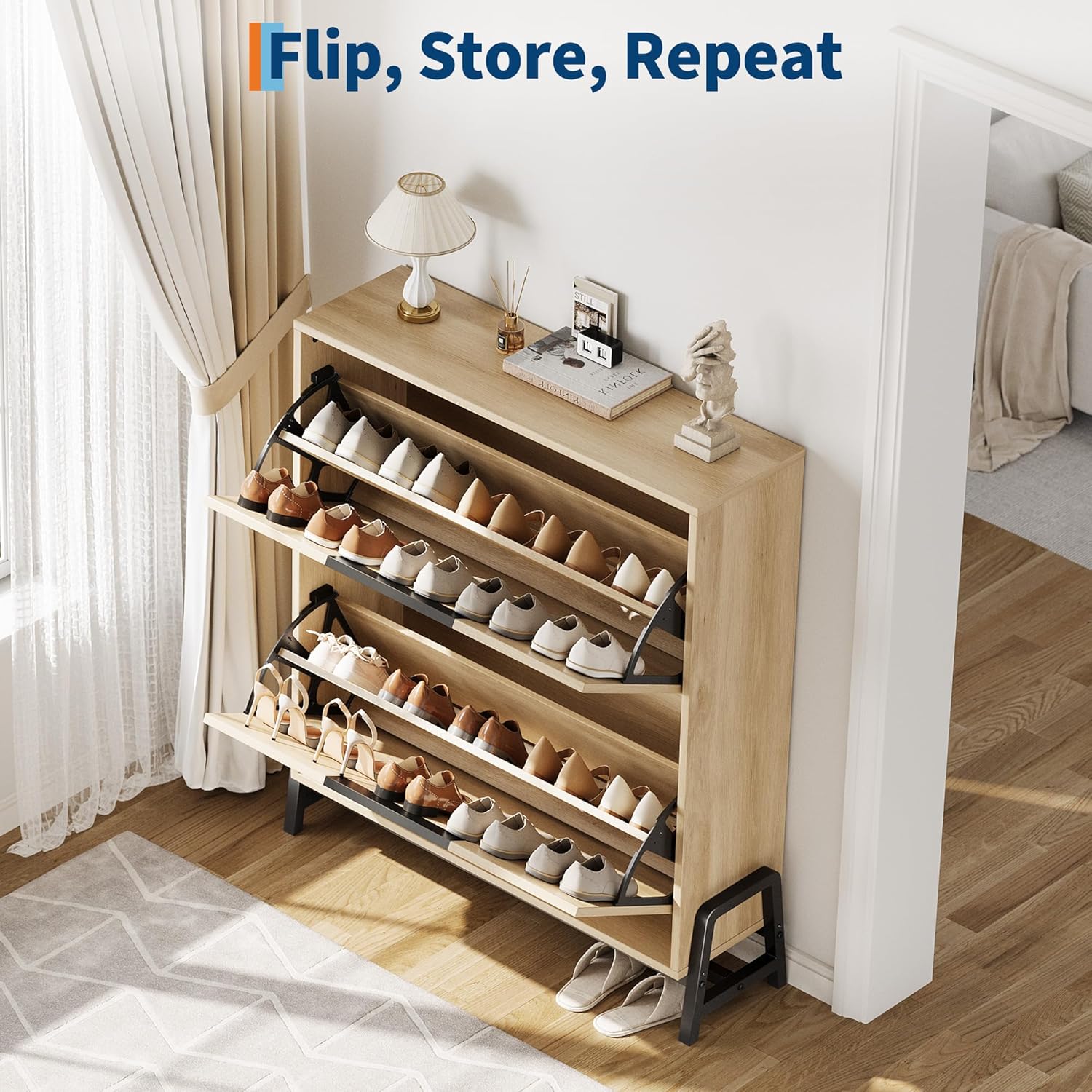 Qeetex Shoe Storage Cabinet with 2 Flip Drawers Freestanding Shoe ...