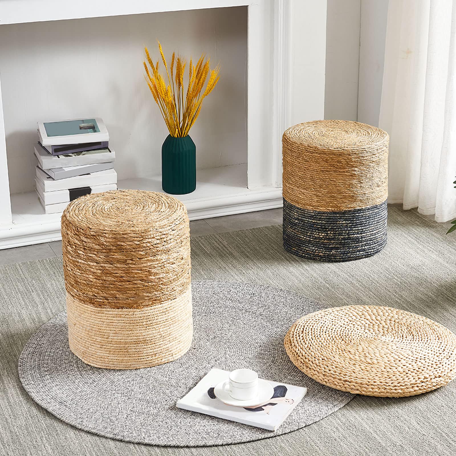Meibamake Ottoman Poof Natural Seagrass Poufs Hand Weave Round ...