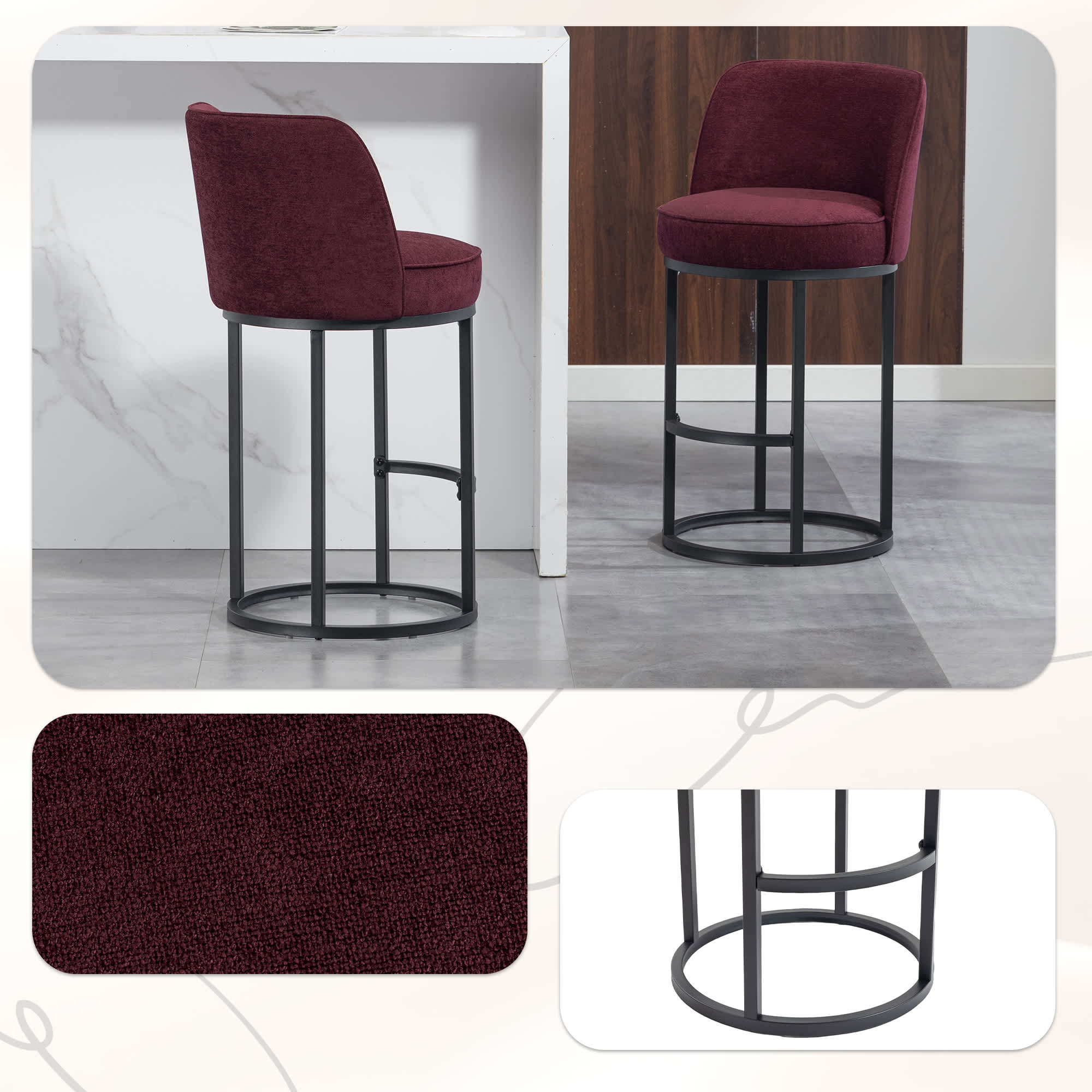 Vynxaria Counter Height Bar Stools Set of 2 Modern Barrel Design Linen ...