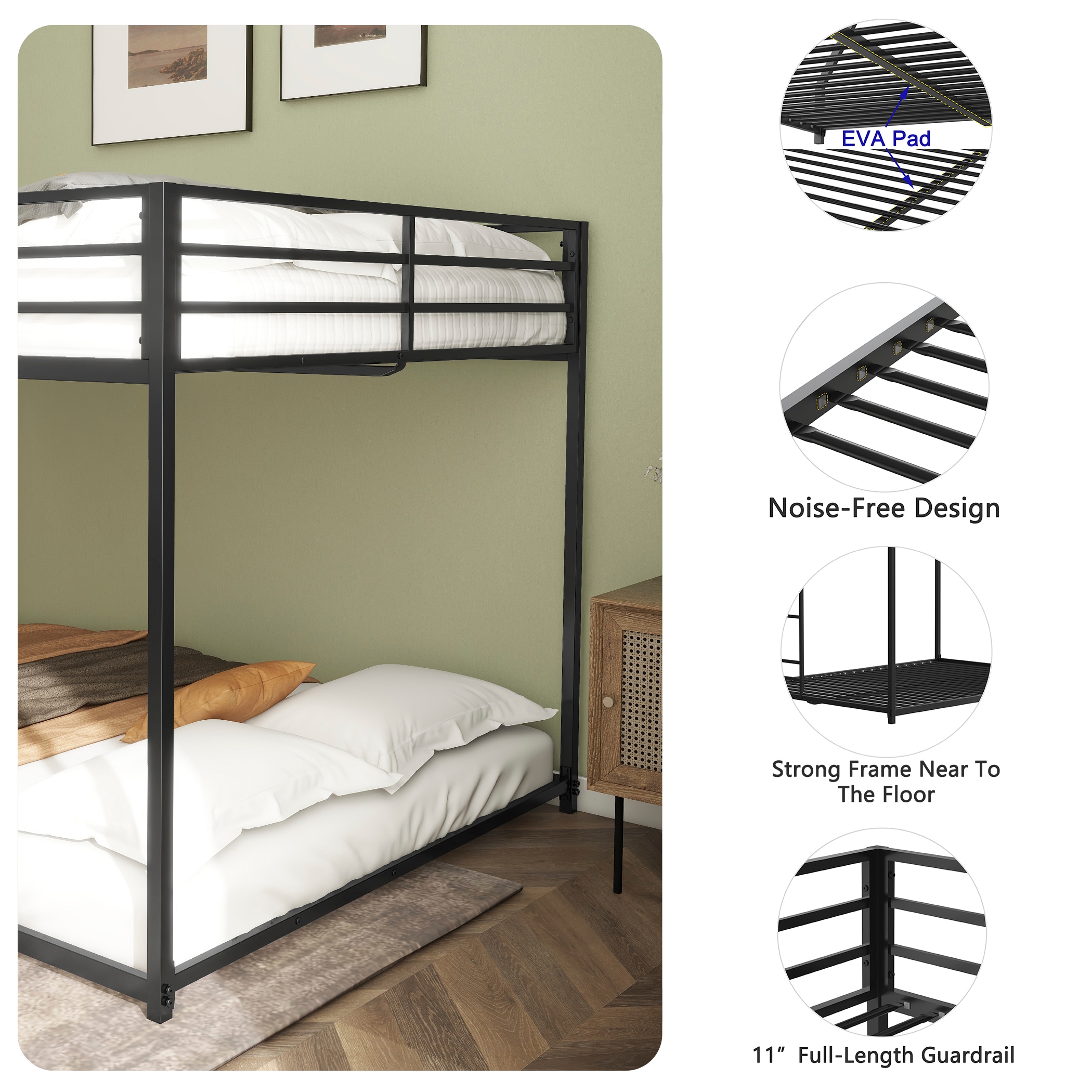 GDFStudio Adam Metal Bunk Sturdy Low Profile Full over Full Black Bed ...