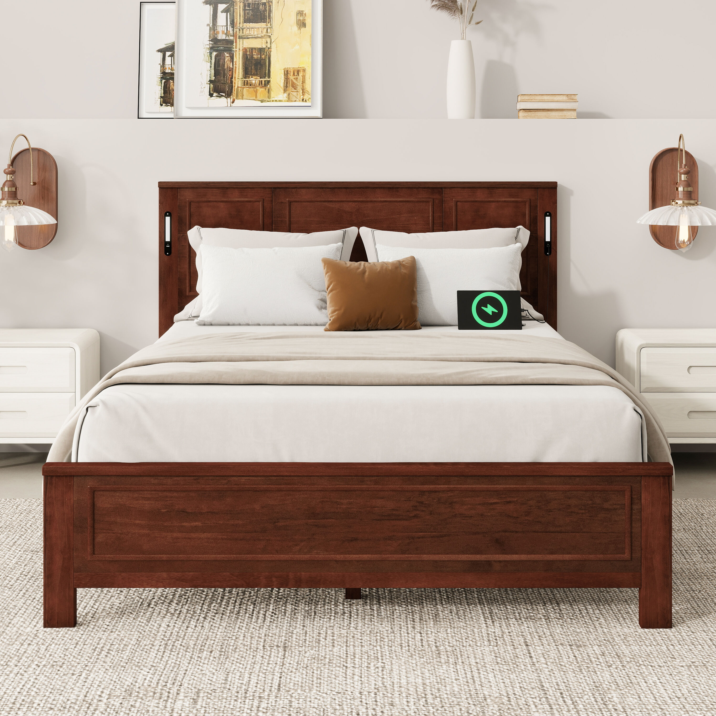 GDFStudio Queen Size Farmhouse Bed with Tall-Panel Headboard LED Lights ...