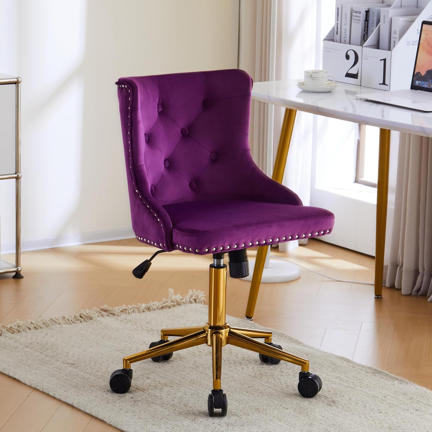VINGLI Dark Purple Armless Home Office Desk Chair with Gold Base Wheels ...