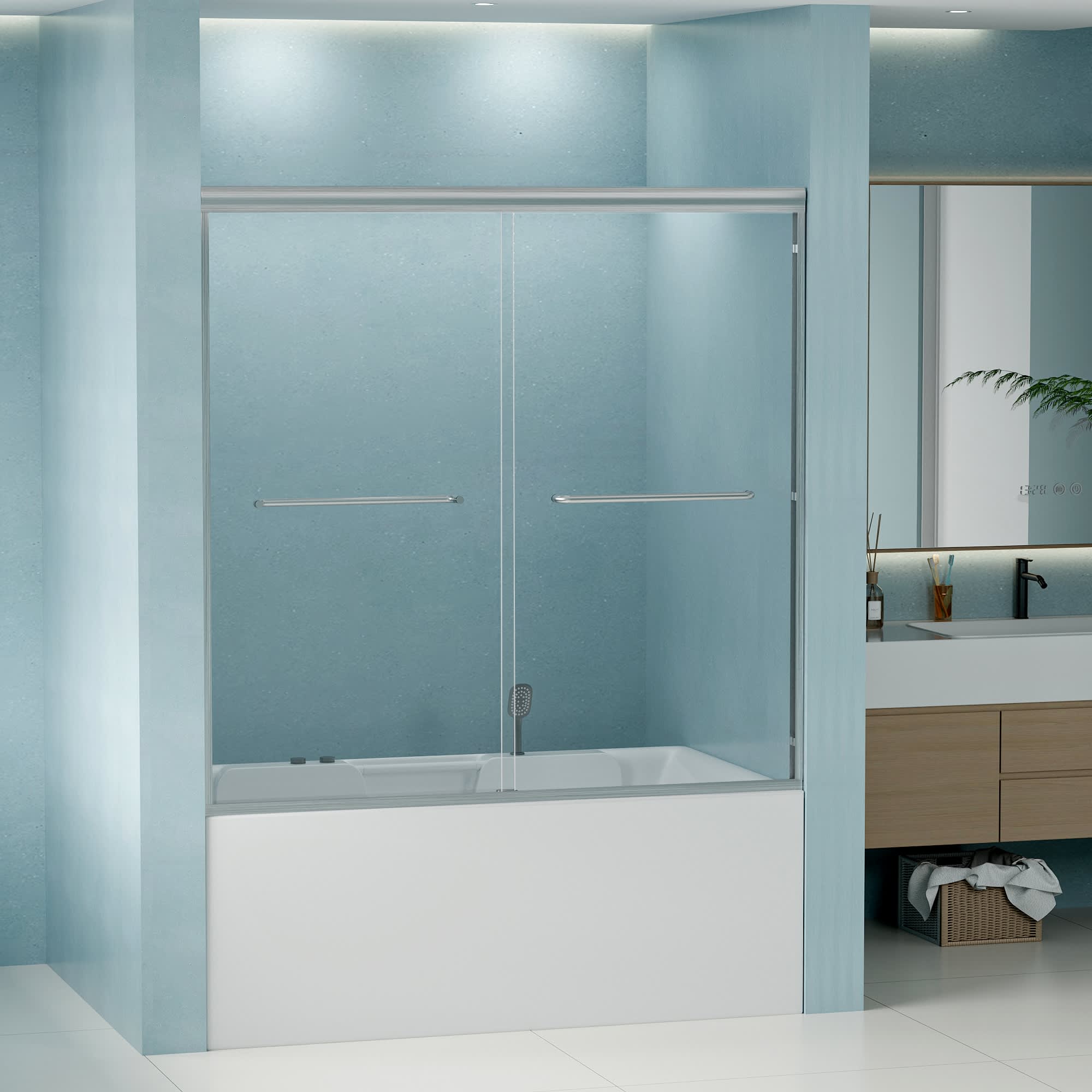 Vynxaria 56in to 60in W x 58in H Double Sliding Semi frameless Bathtub ...