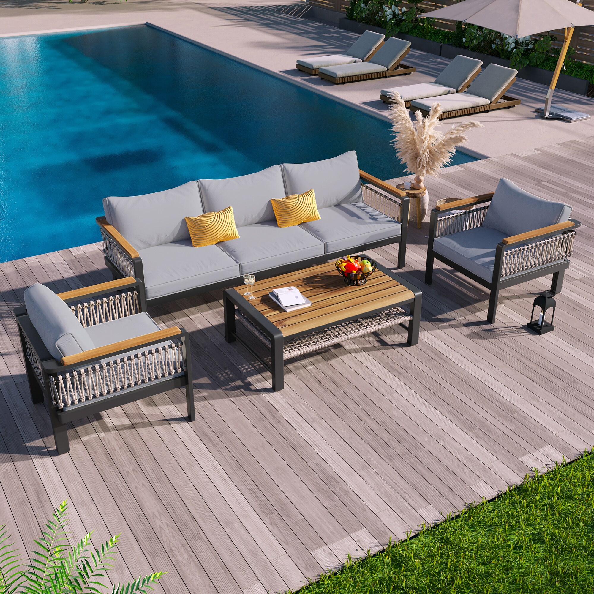 Mondawe 9-Piece Rattan Patio Conversation Set with Off-white Cushions ...