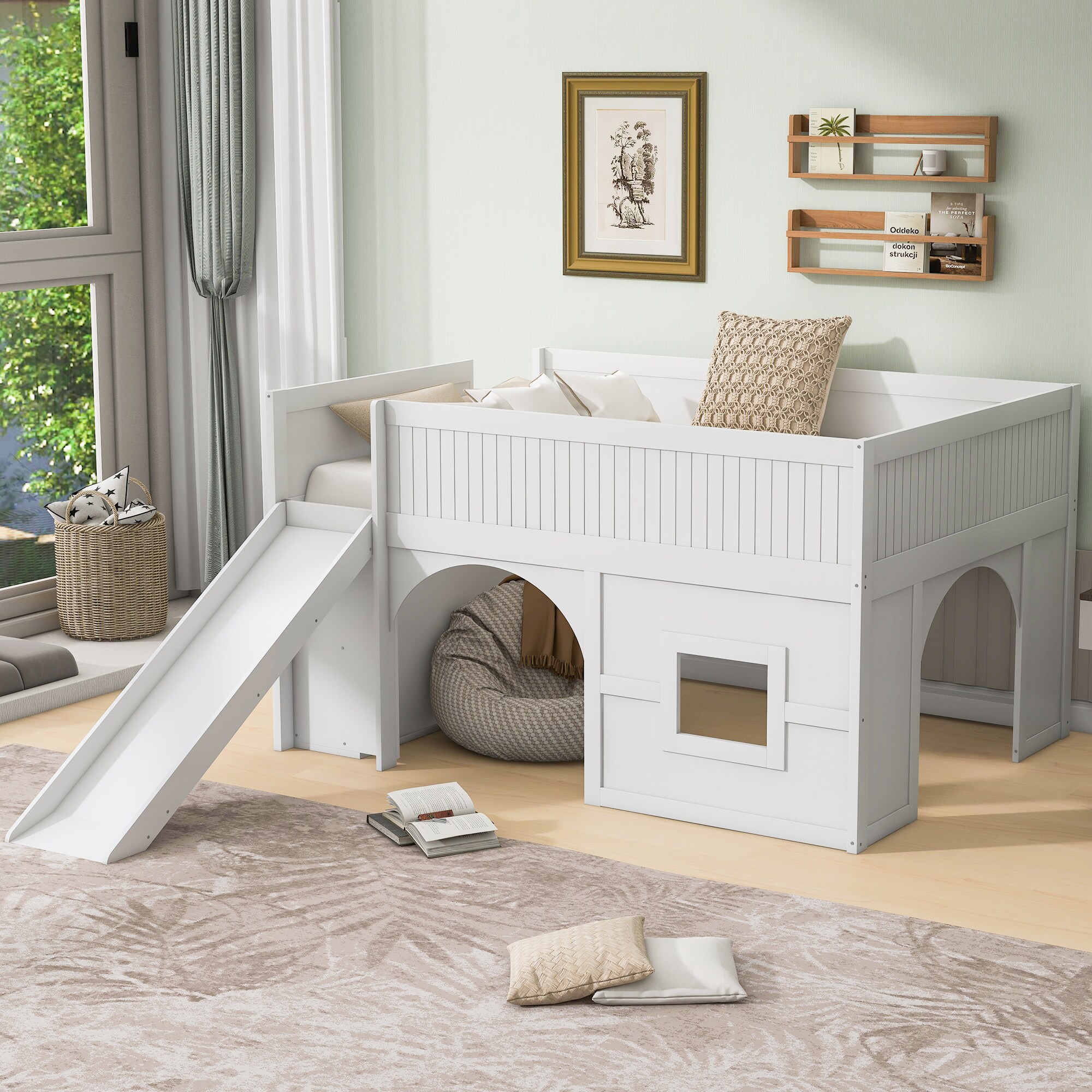 GDFStudio Full Size Wooden Low Loft Bed with Slide in White Kids Loft ...