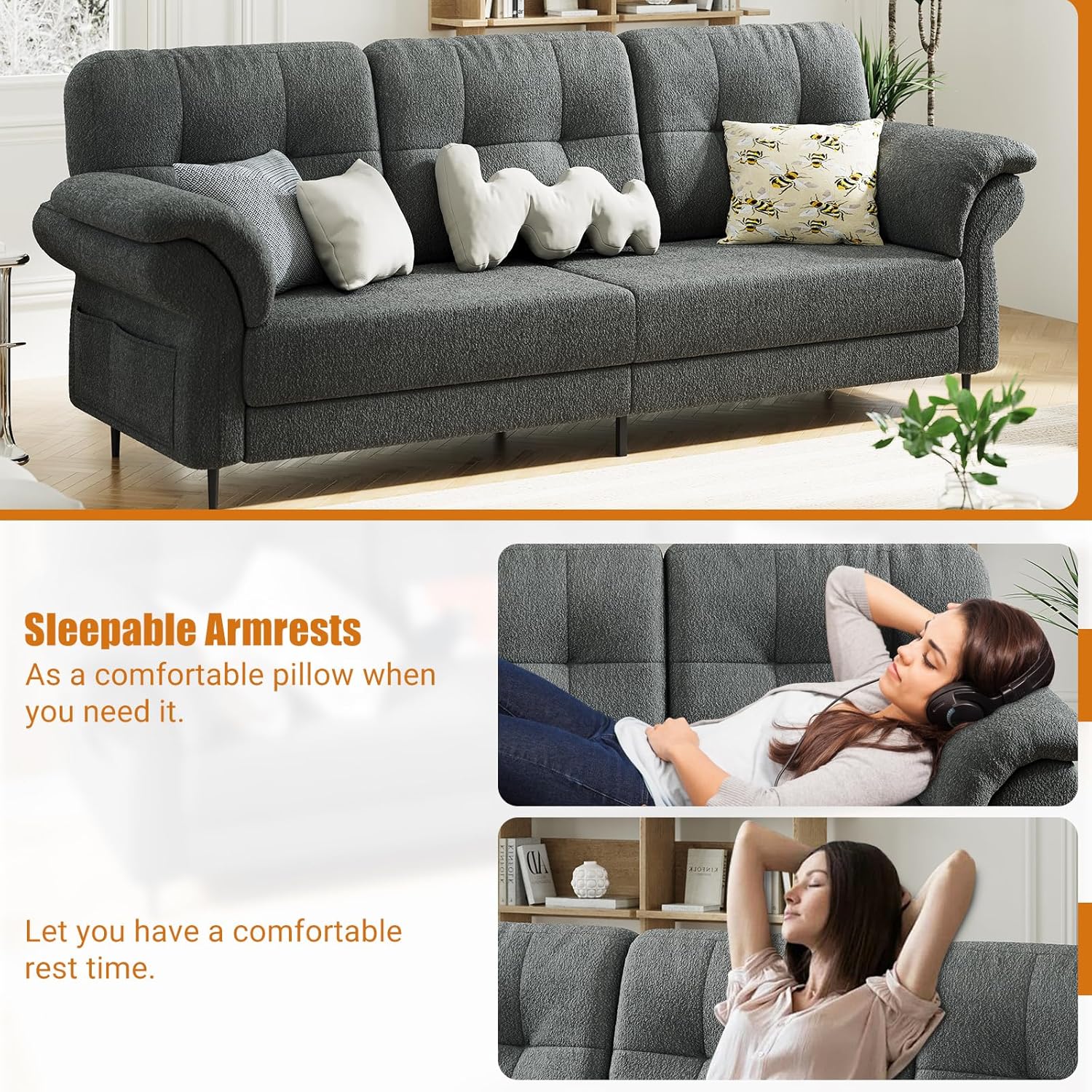 IdealHouse 84-Inch Living Room Sofa-Removable Pillows-Teddy Fleece ...