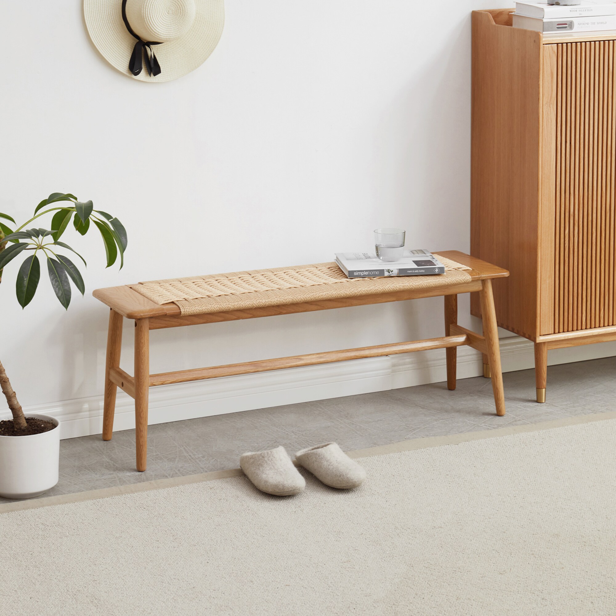 Tinyhomie Woven Design Natural Oak Wood Dining Bench Bed Bench for ...