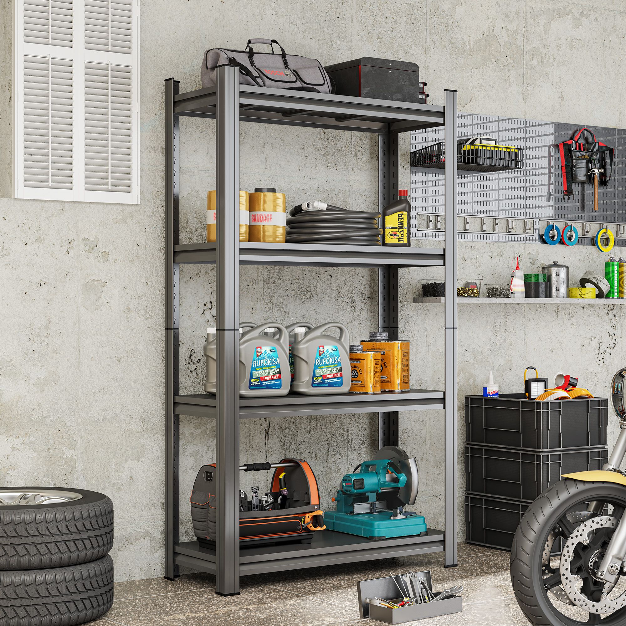 JUSHUA 4 Tier Adjustable Black Metal Storage Shelf for Garage Shed ...
