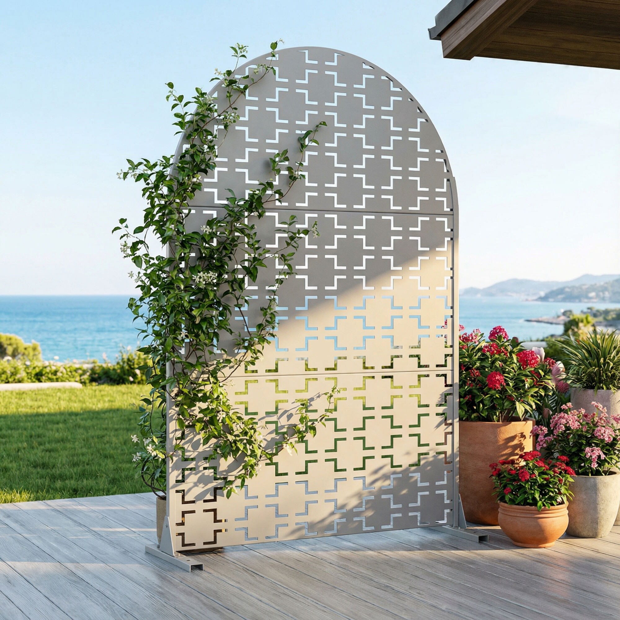 Wooakway Gray 72-in H x 47-in W Arched-Top Metal Outdoor Privacy Screen ...