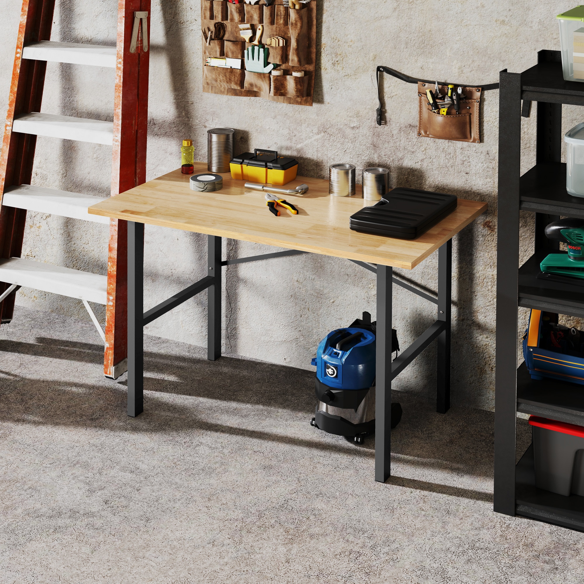 HomCom 46inL x 28inW Solid Wood Work Bench Tool Table for Garage with X ...