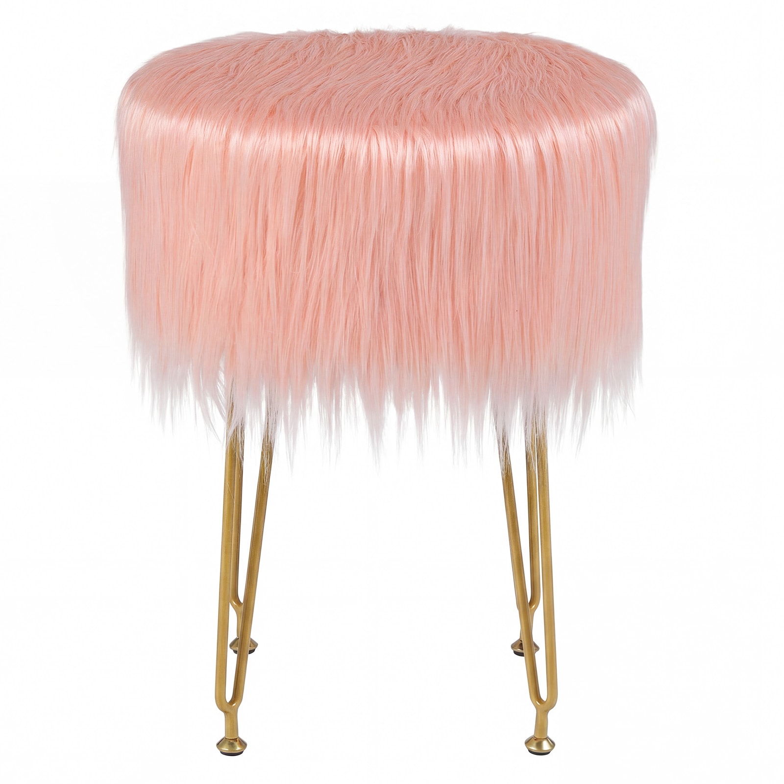Slickblue Round Pink/White Faux Fur Vanity Stool with Gold Metal Legs ...