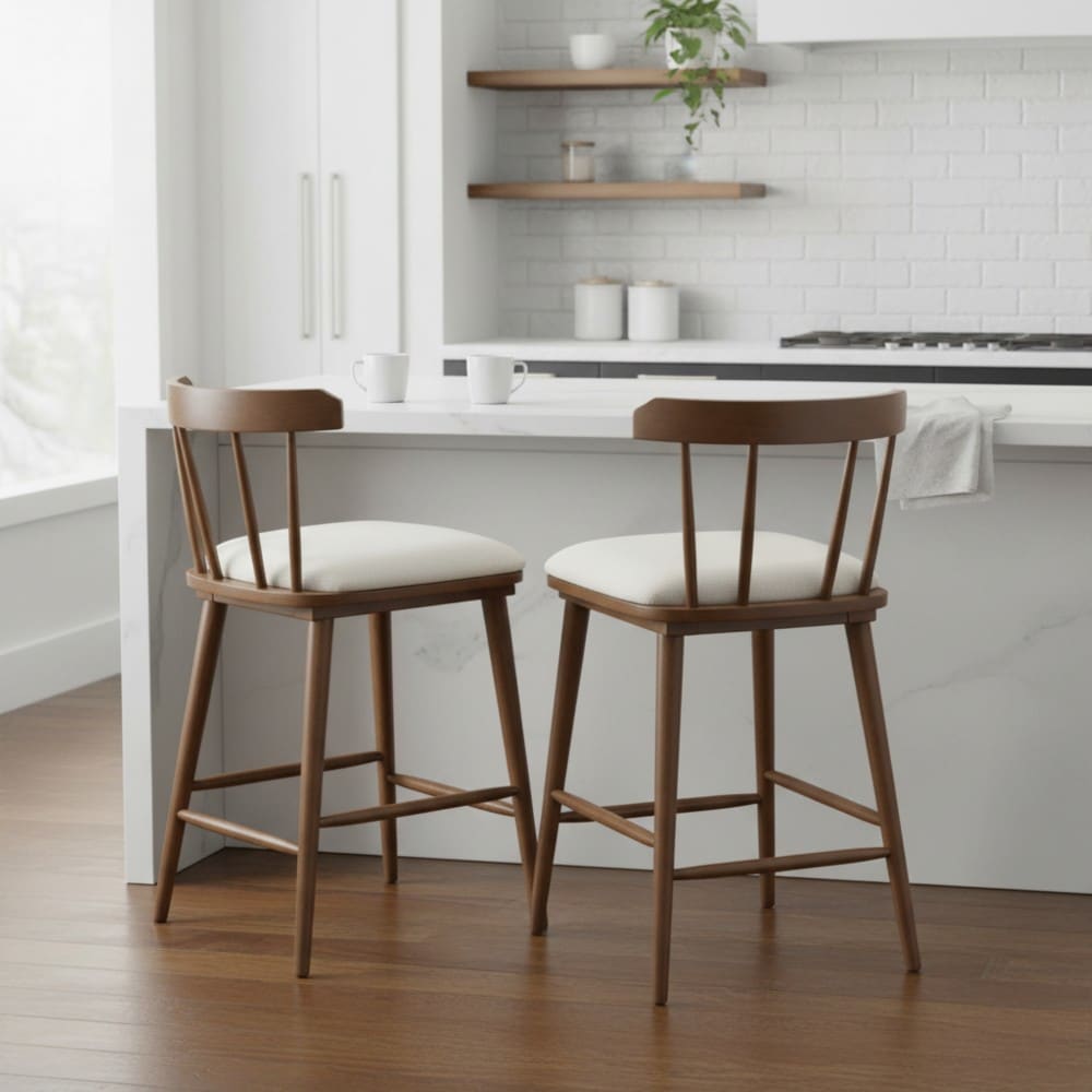 Coolbibila Set of 2 Walnut Rubberwood Frame Upholstered Counter Stools ...