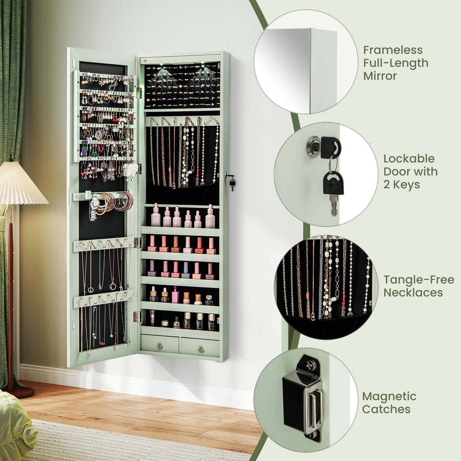 Costway Mirrored Wall and Door Mounted Jewelry Cabinet Storage ...