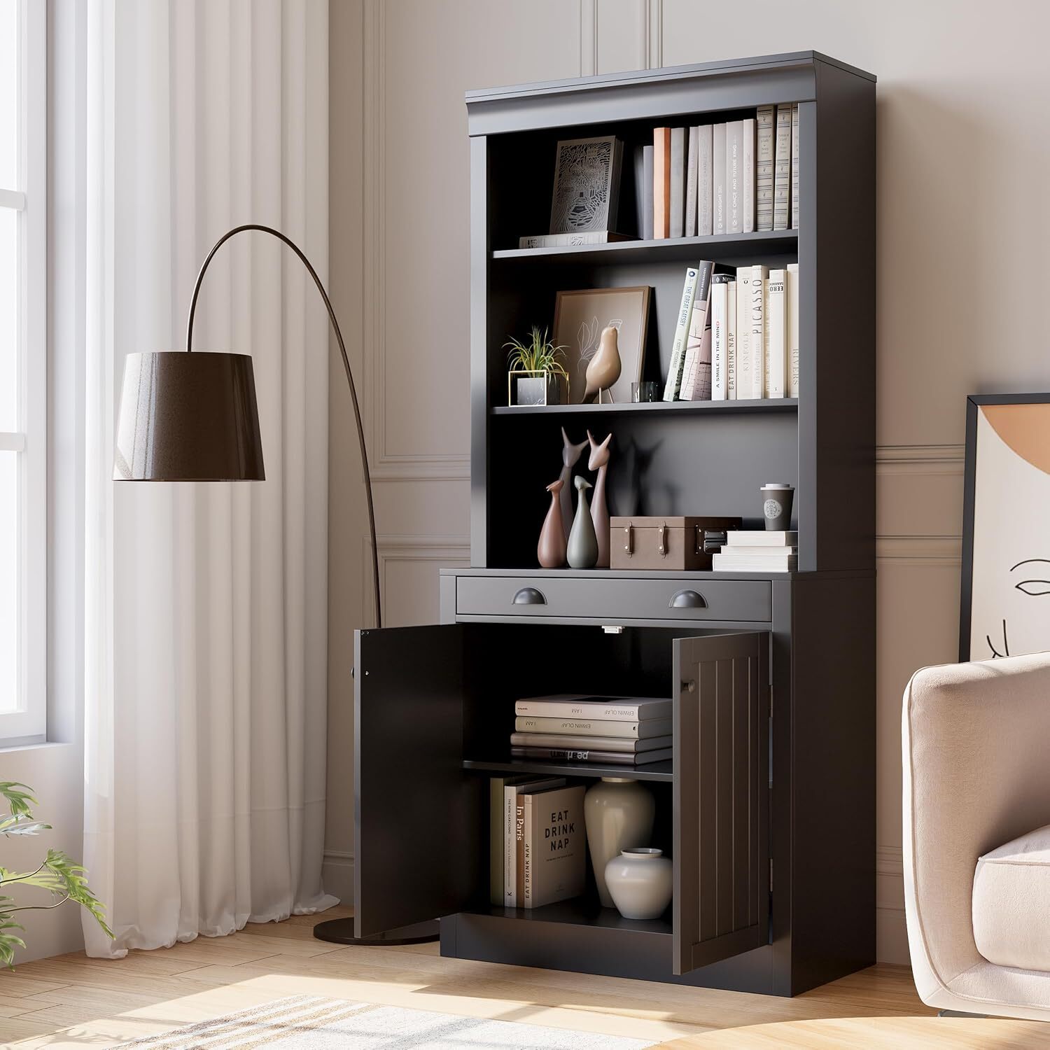 Qeetex Tall Black Bookshelf with 2 Doors and 1 Drawer 70 Inch Bookcase ...