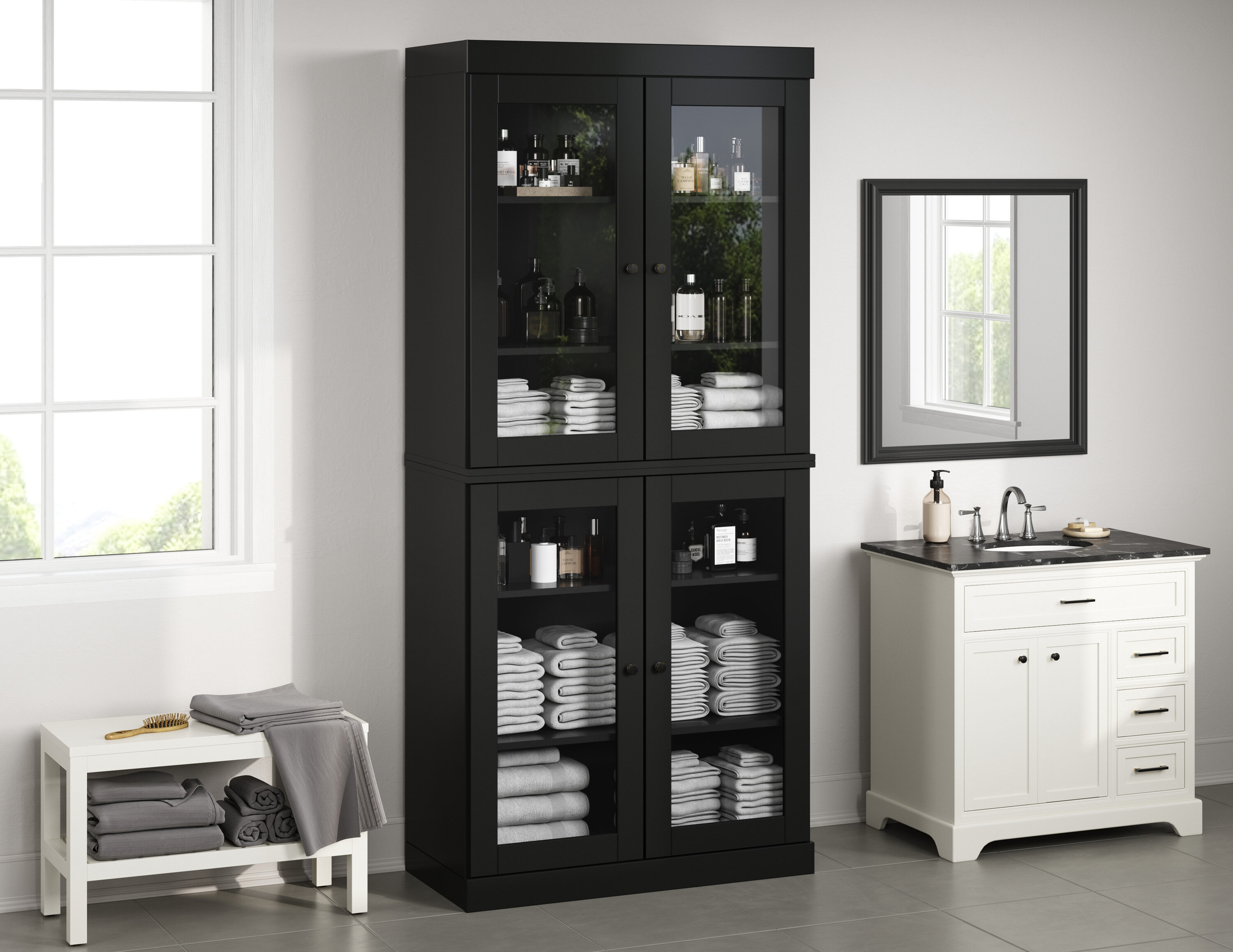 Palace Imports Solid Wood Tall Modular Clear Glass Bathroom Linen ...