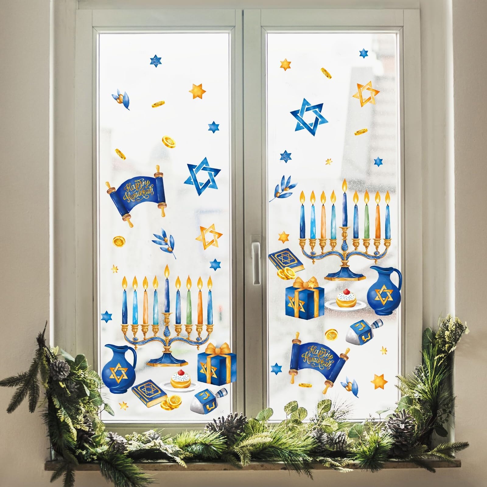 LAIFUCAM 70 pcs Hanukkah Window Cling Sticker Set Menorah Dwarf Star of ...