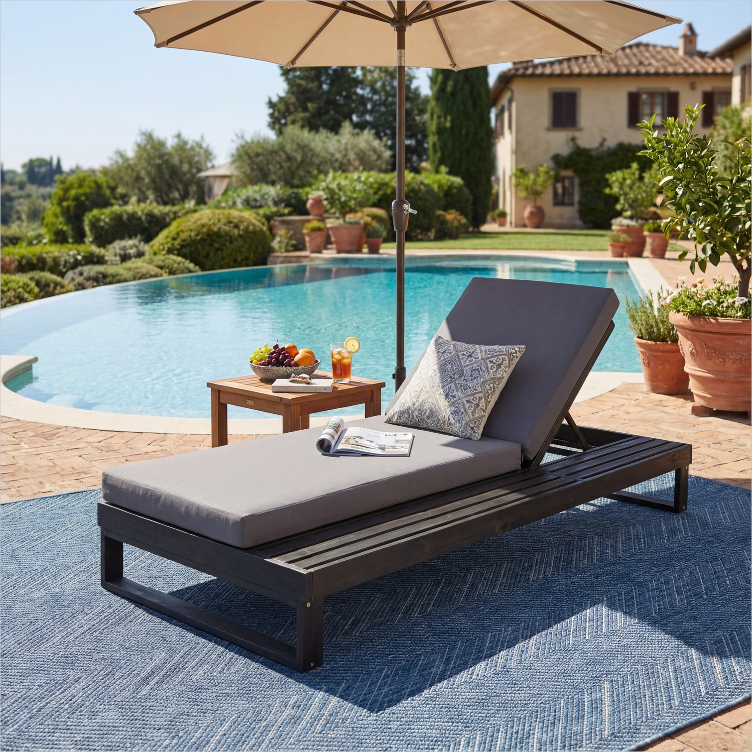 Naturefalls Acacia Wood Chaise Lounge with Cool Gray Cushion 4-Position ...