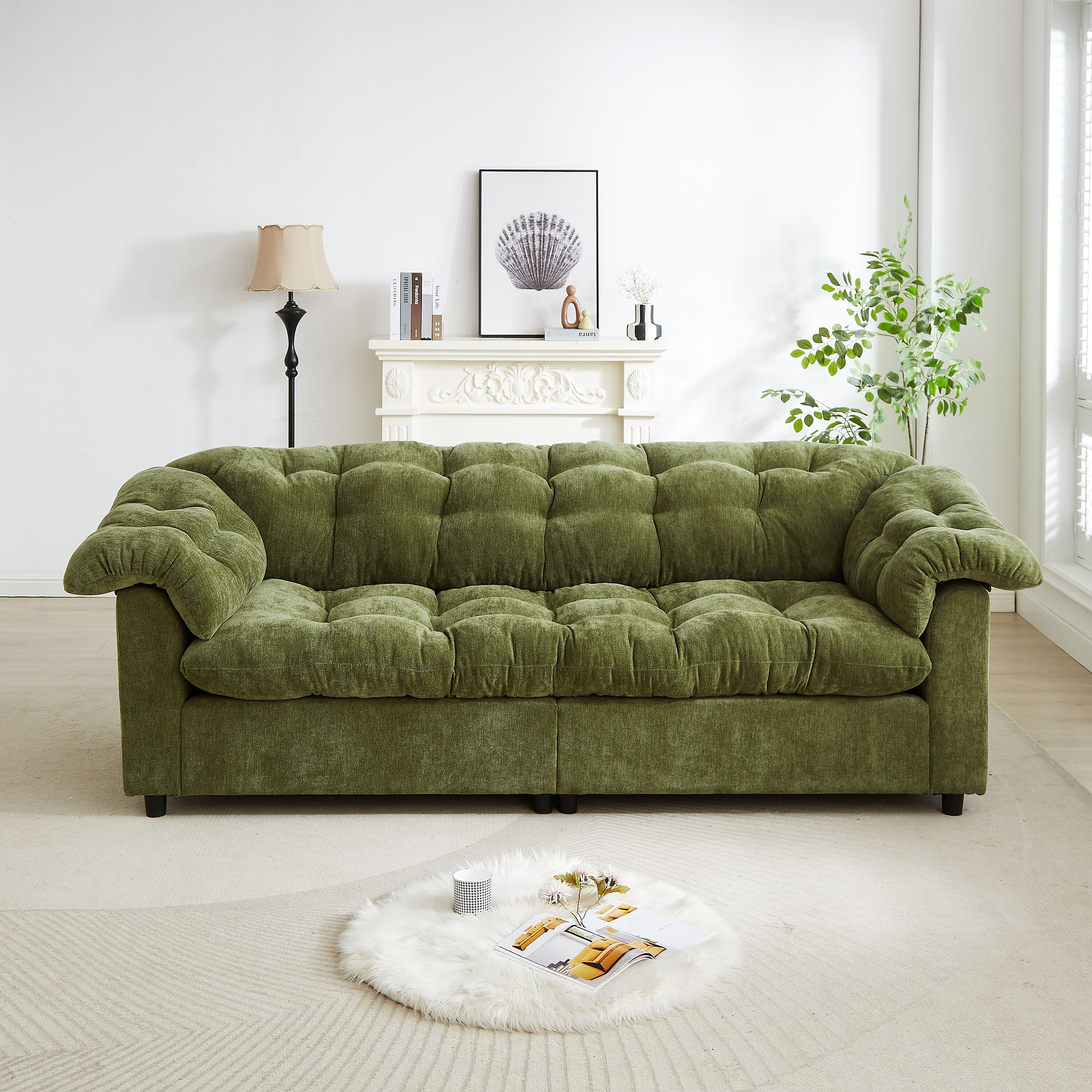 LOVMOR Deep Seat Sofa Chenille Green Couch for Living Room Bedroom ...