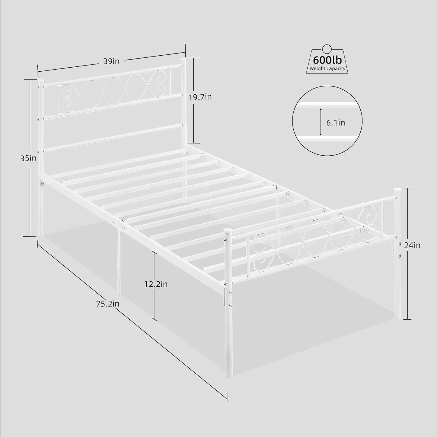 GAOMON White Metal Twin Bed Frame with Headboard and Footboard for ...
