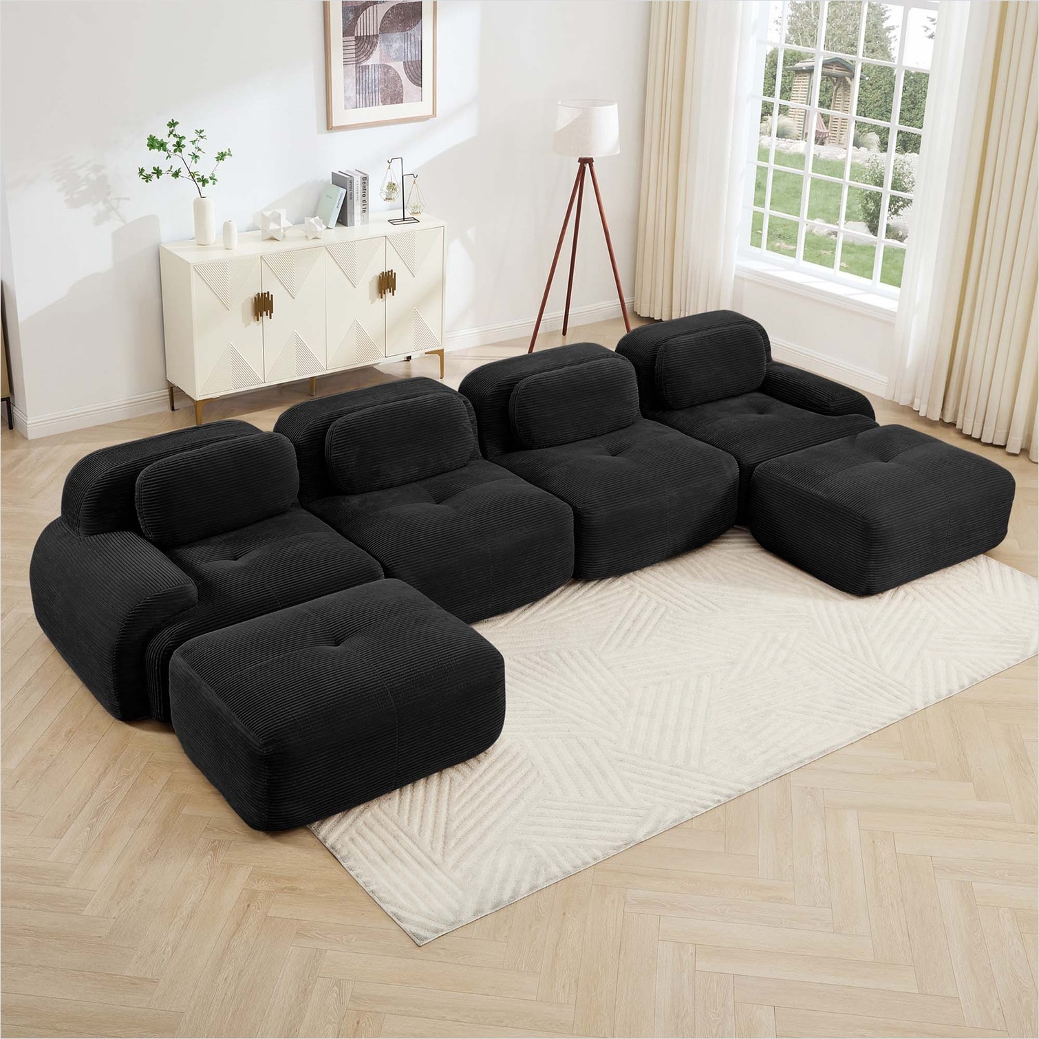 Watnature 6-Seat U-Shape Modular Sofa with Curved Armrests Corduroy ...