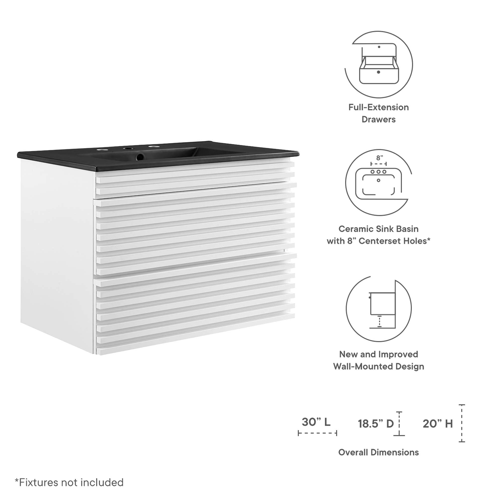 Modway Render 30-in Wall-Mount Bathroom Vanity in White Black in the ...