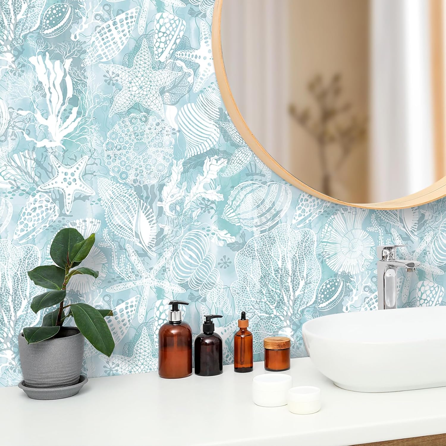 Livelynine Ocean Blue Wallpaper Peel and Stick Prepasted Aqua Coastal ...