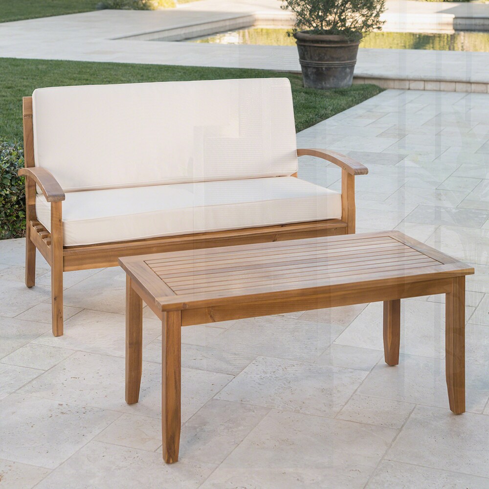 Watnature Outdoor Wooden Loveseat and Table Set Patio Seating with ...