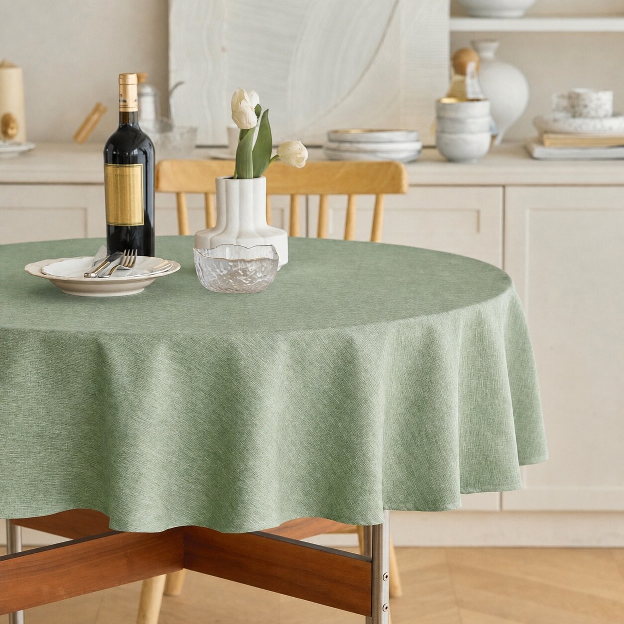 Anqtovp Faux Linen Round Tablecloth 60 Inch Waterproof Washable Sage ...