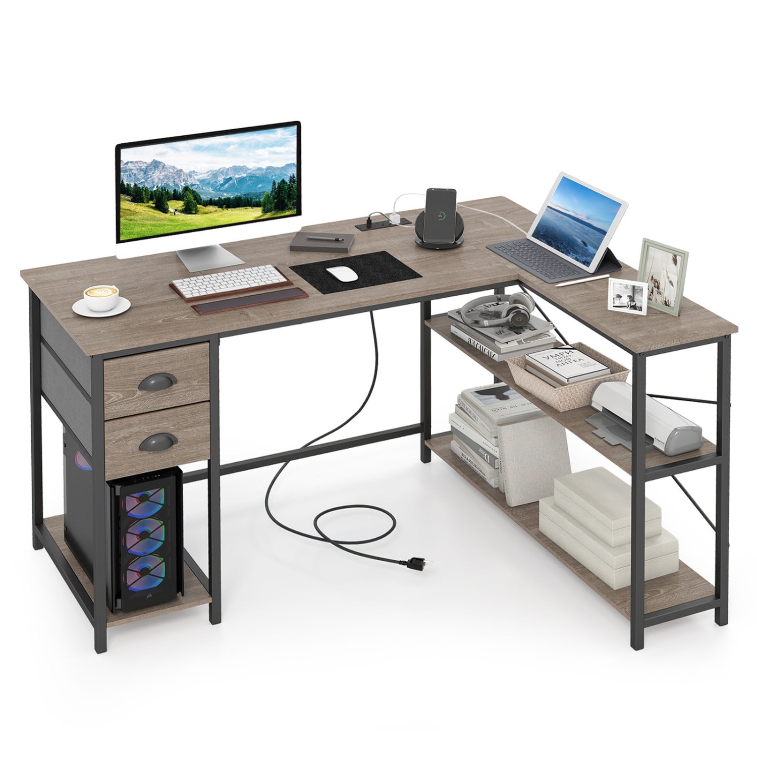 Slickblue L Shaped Computer Desk with Charging Station 2 Fabric Drawers ...