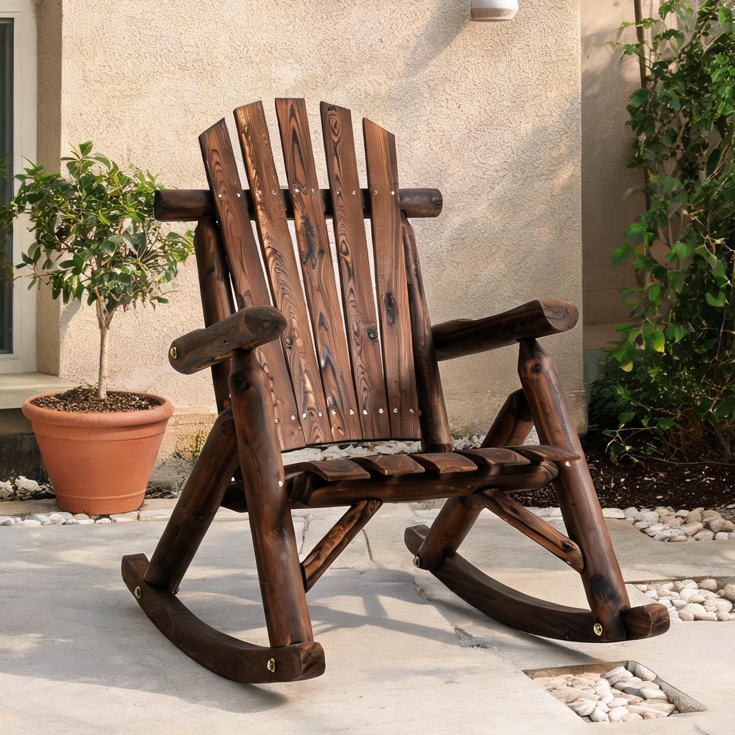 Watnature Rocking Chair for Porch or Patio in Wood-Tone Brown Fir Wood ...