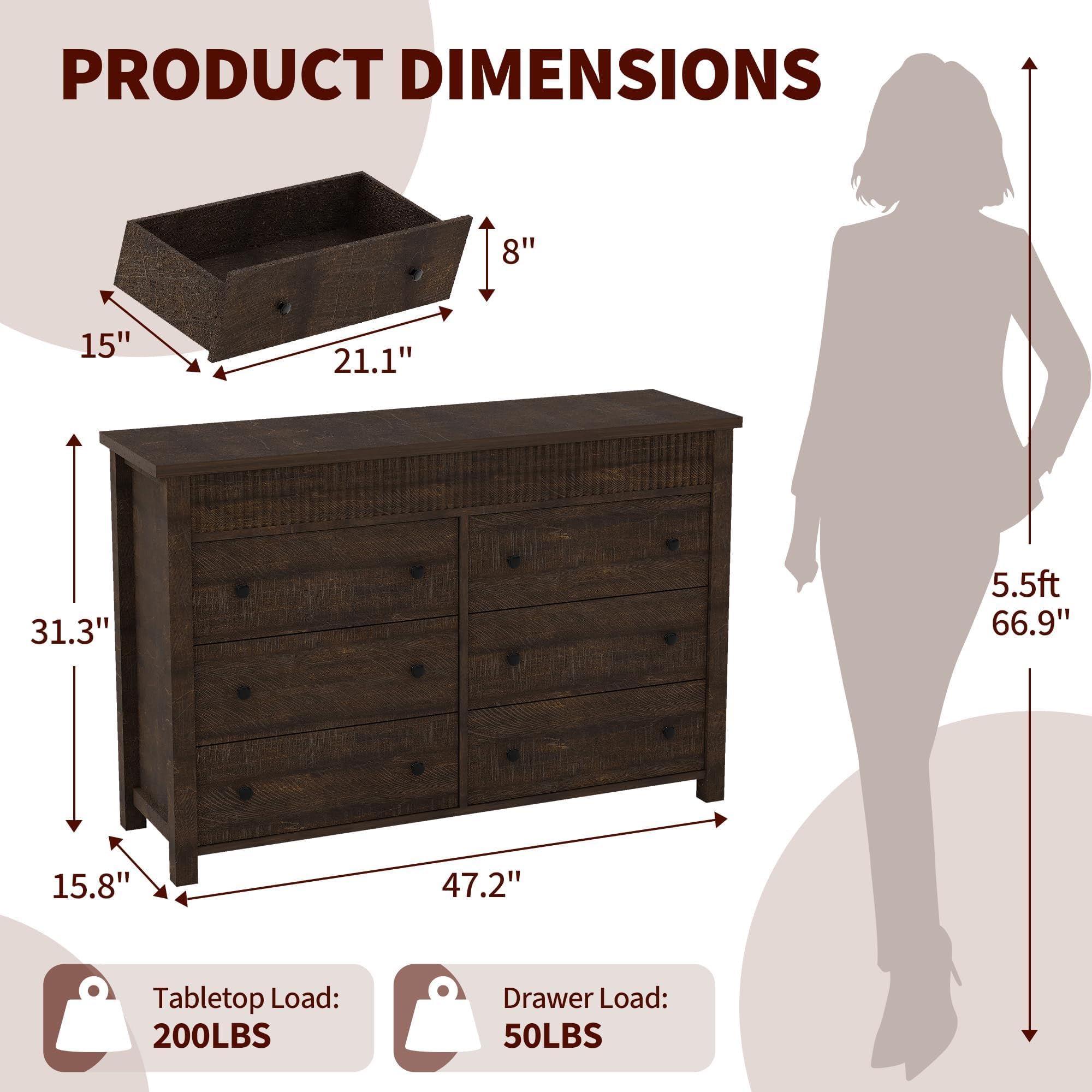 Garvee Fluted 6 Drawer Wooden Dresser Nightstand Storage Chest Bedroom ...